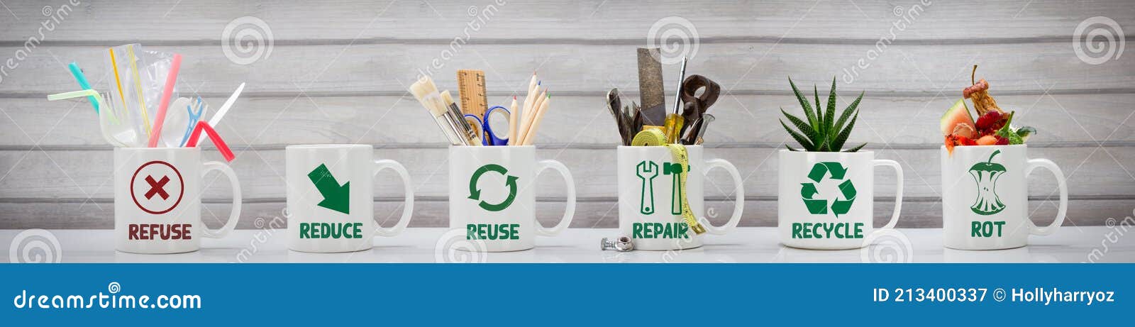 Zero Waste Management, Illustrated in 6 Mugs with Text and Symbols ... Zero Waste Management, Illustrated in 6 Mugs with Text and Symbols ...