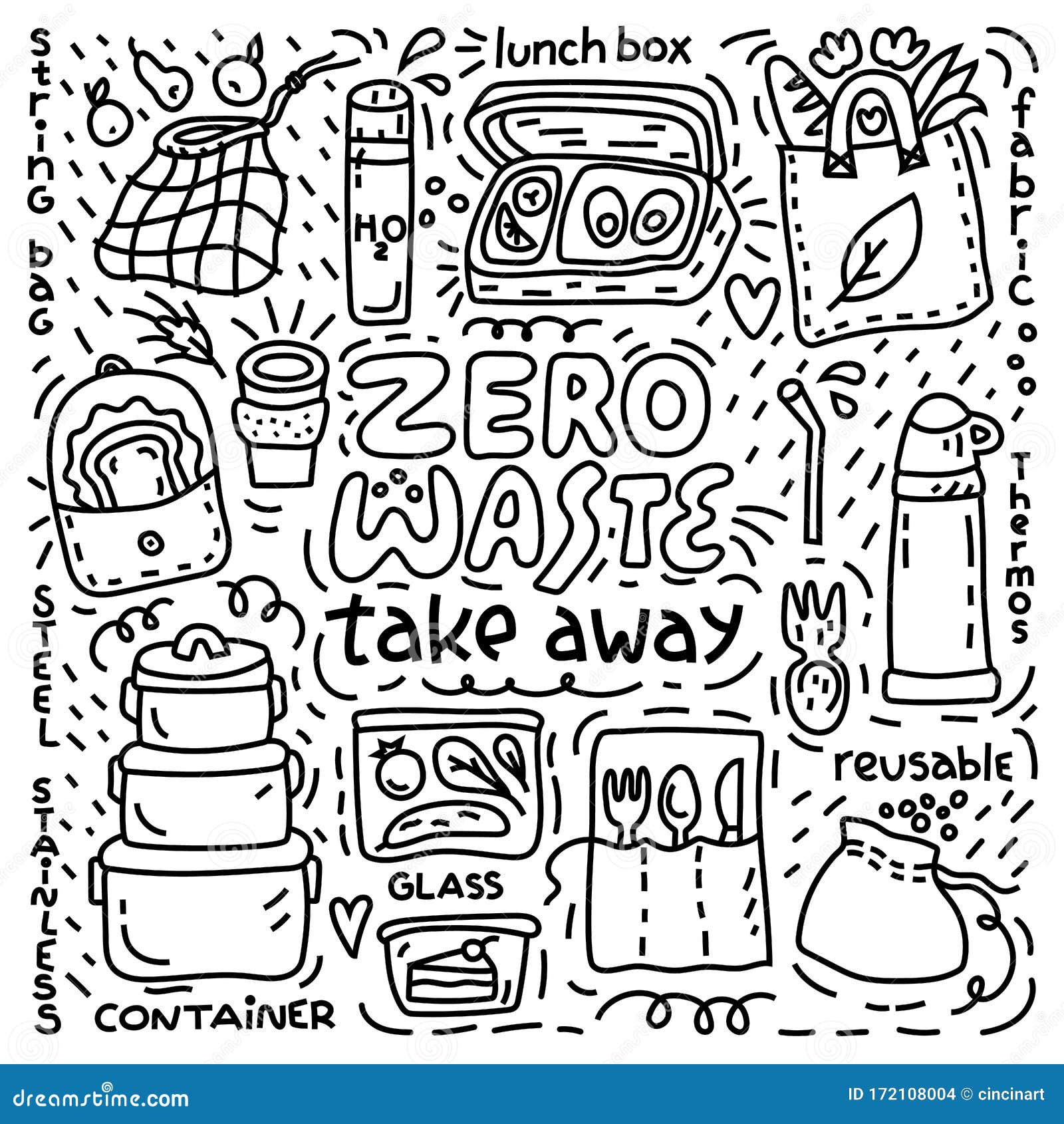 Zero Waste Outline Illustration with Take Away Objects Stock Vector ...