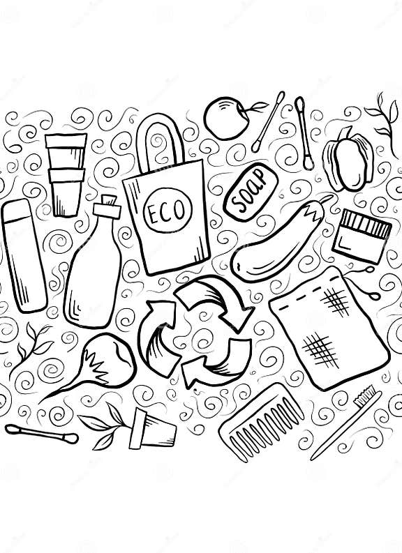 Zero Waste. Seamless Border with Eco Objects, Vegetables, Foliage and a ...