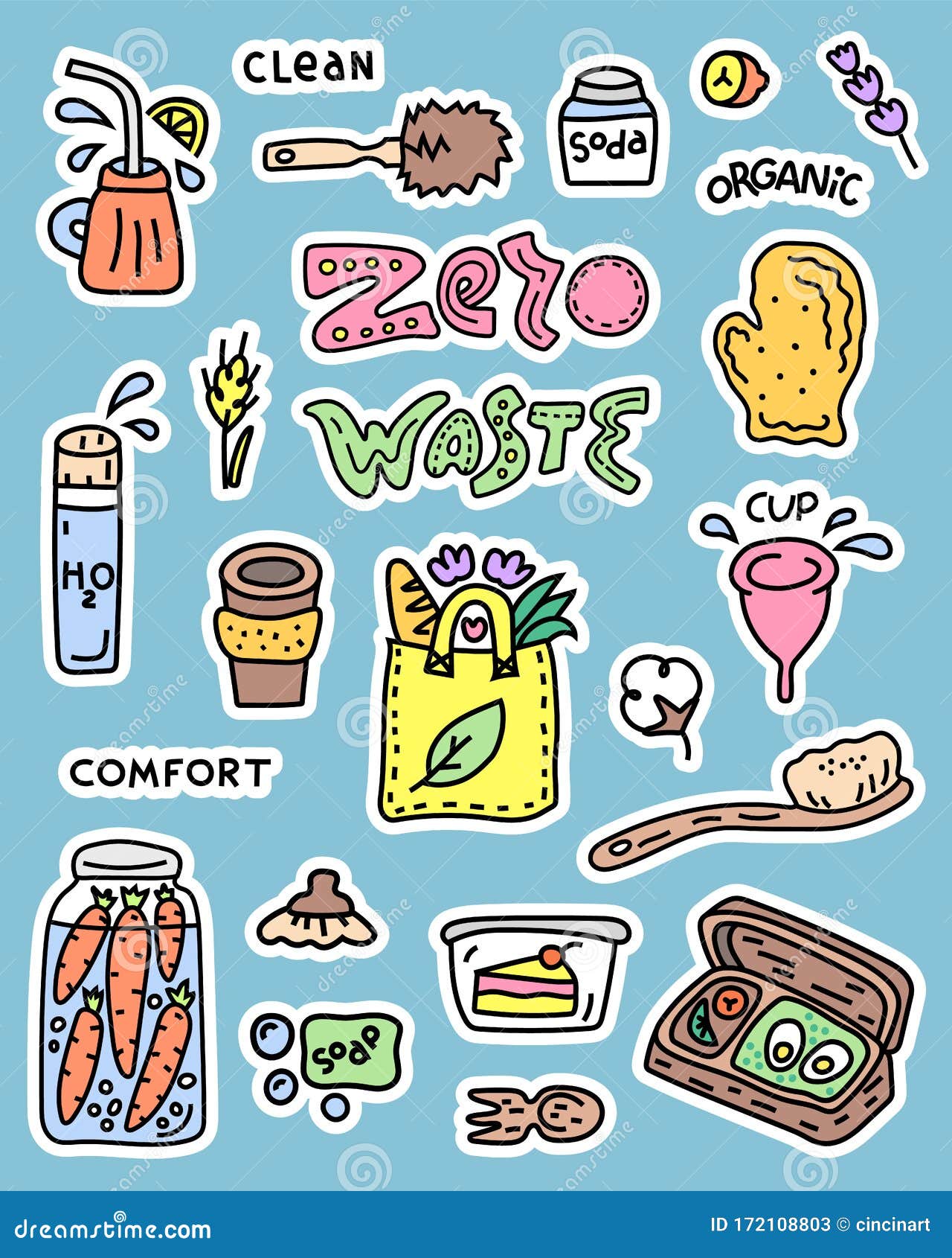 Zero Waste Set, Hand Drawn Doodle Stickers Stock Vector - Illustration ...