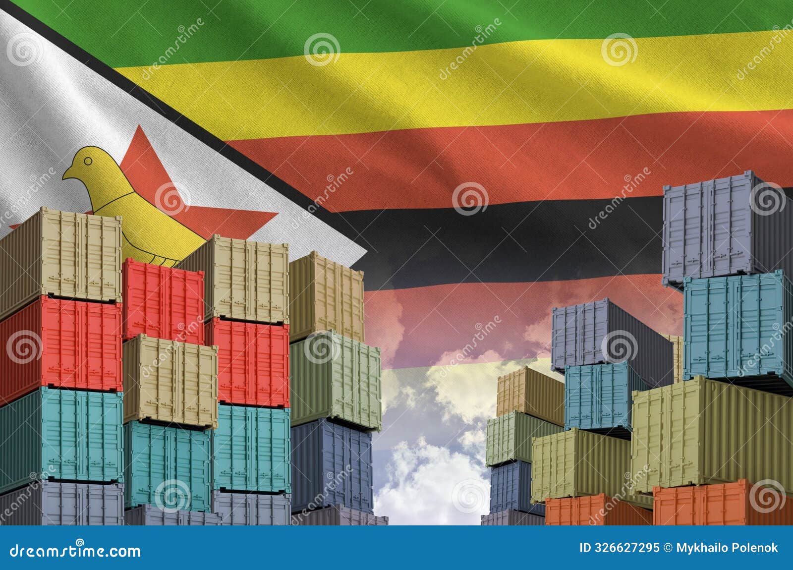 Zimbabwe Flag and Big Stack of Shipping Cargo Containers in Docks with ...
