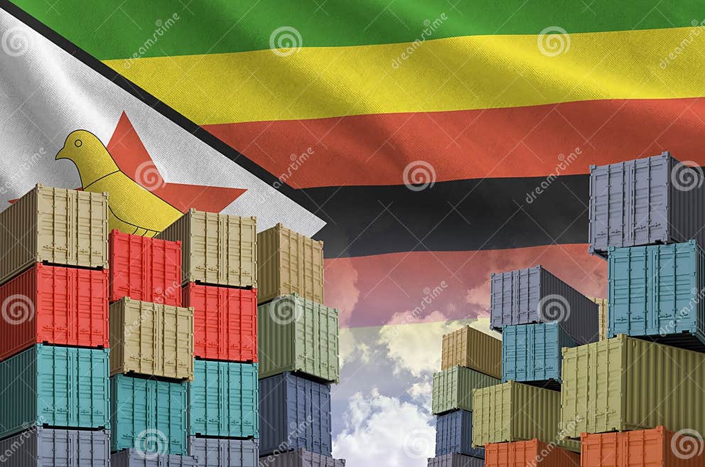 Zimbabwe Flag and Big Stack of Shipping Cargo Containers in Docks with ...