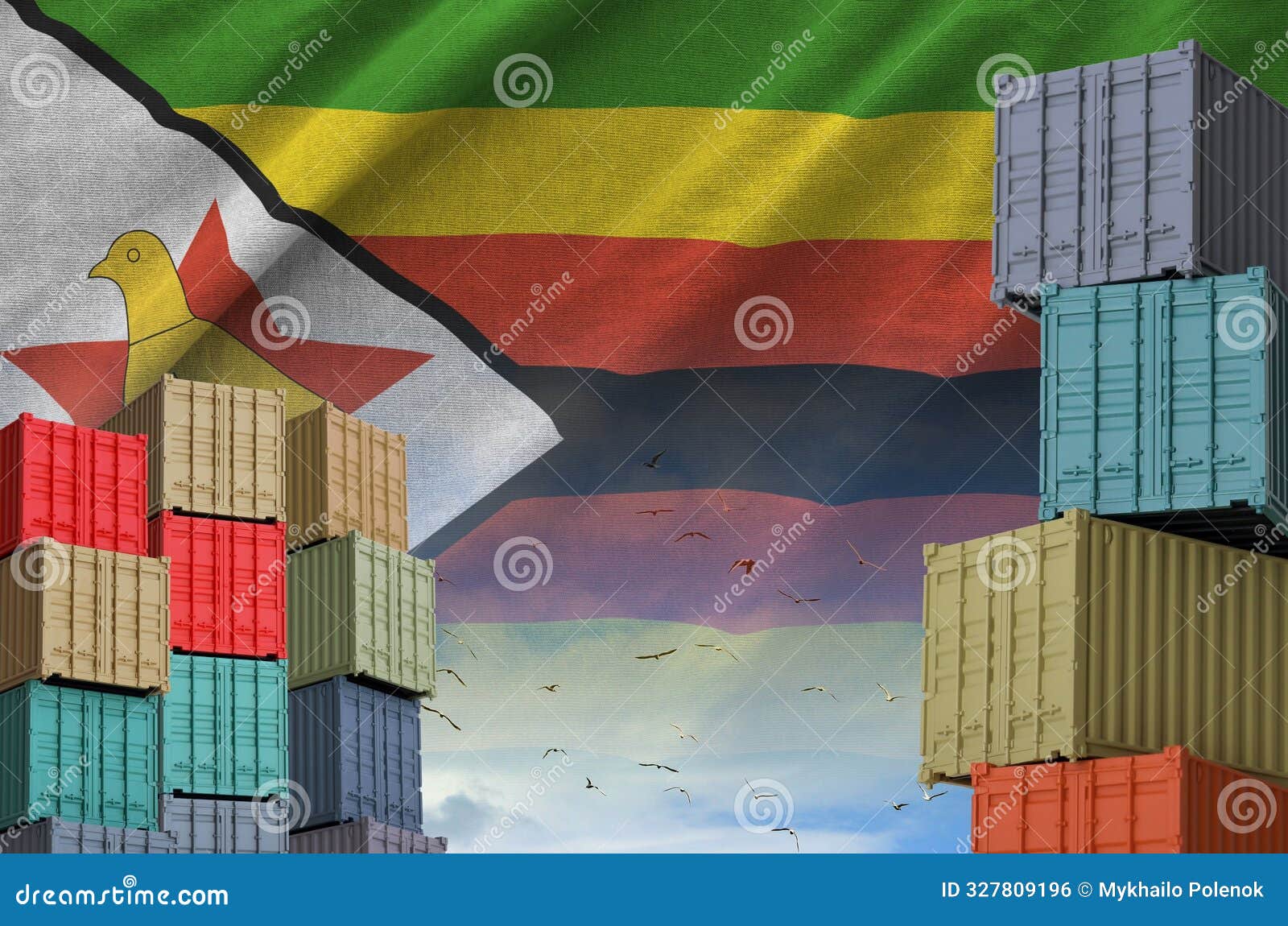 Zimbabwe Flag and Big Stack of Shipping Cargo Containers in Docks with ...
