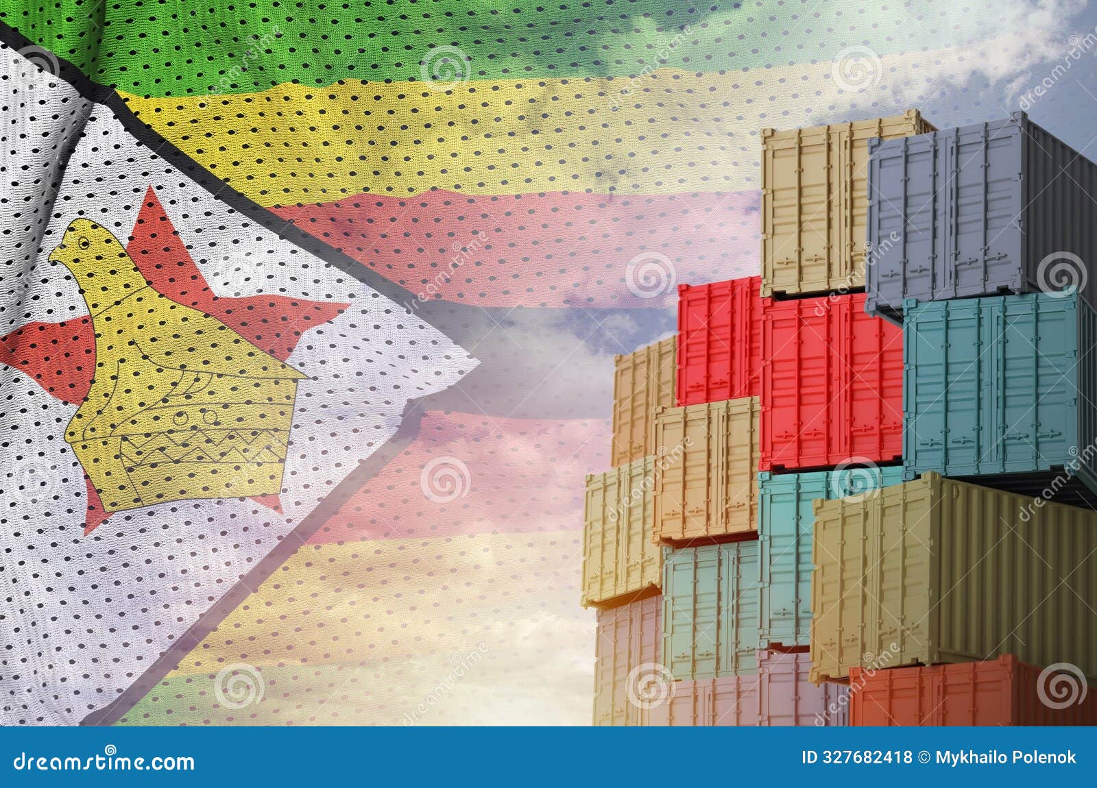 Zimbabwe Flag and Big Stack of Shipping Cargo Containers in Docks with ...