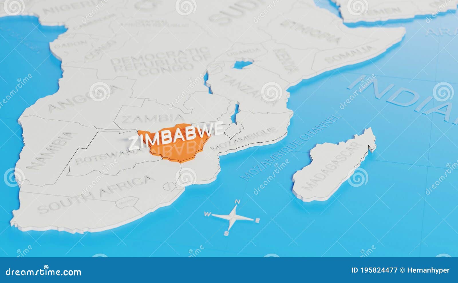 Zimbabwe Highlighted on a White Simplified 3D World Map. Digital 3D ...