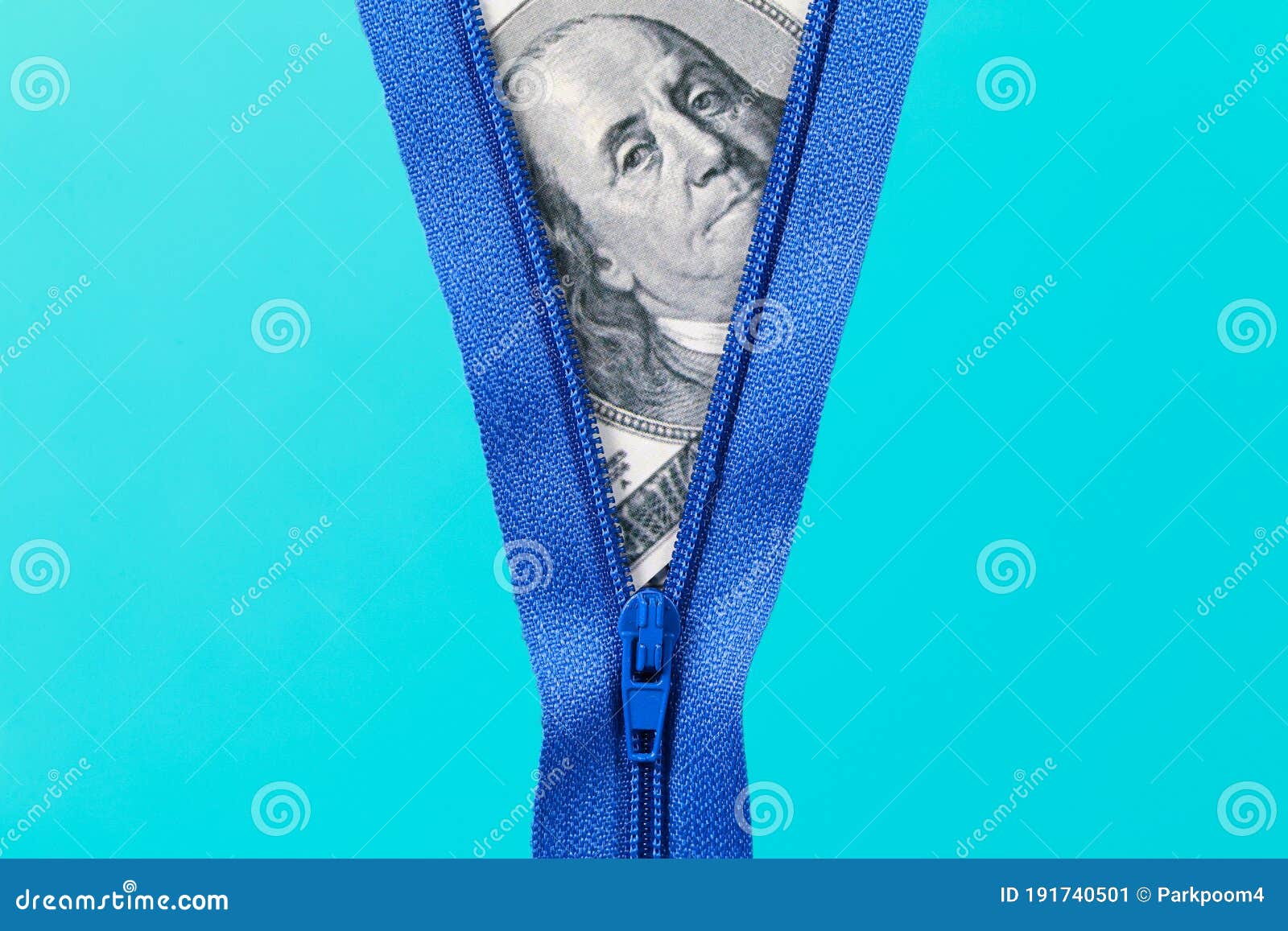 Zip with Bank Notes on Blue Background Stock Image - Image of change ...