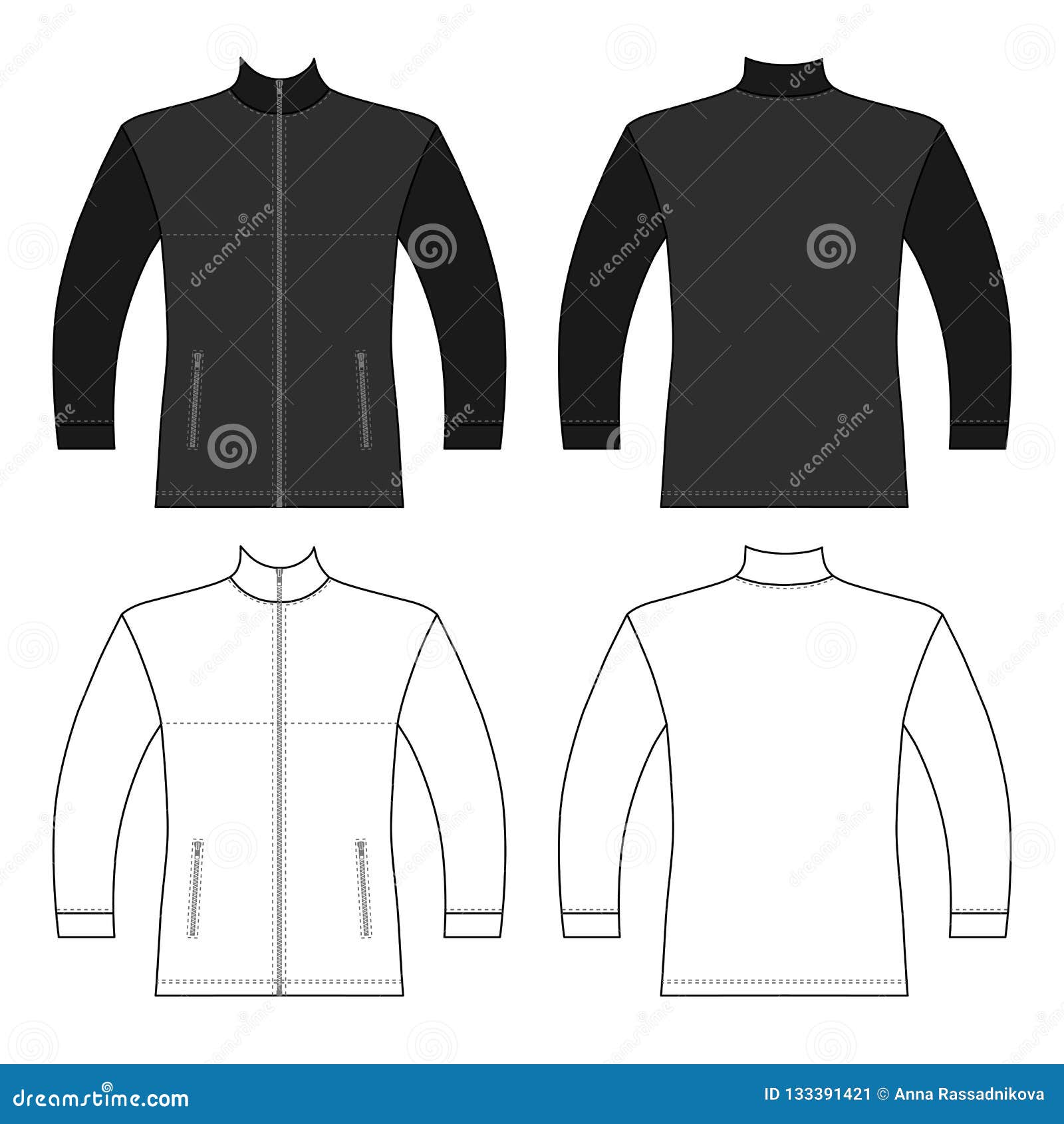 Zip Fastener Turleneck Jacket Man Template Front, Back Views Vector ...