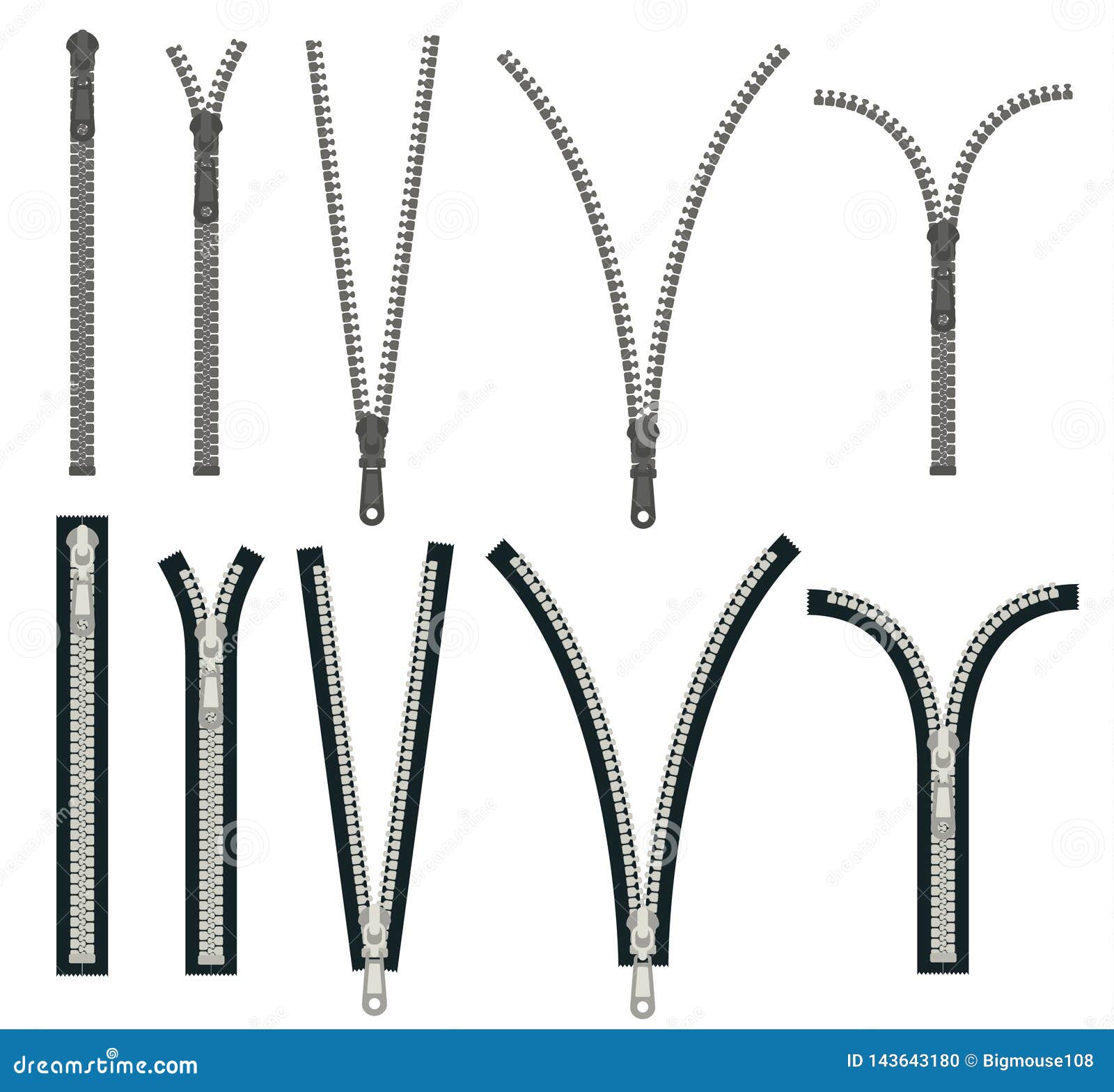 Zippers Type Set Fastener. Metallic Closed And Open Zippers And Pullers ...