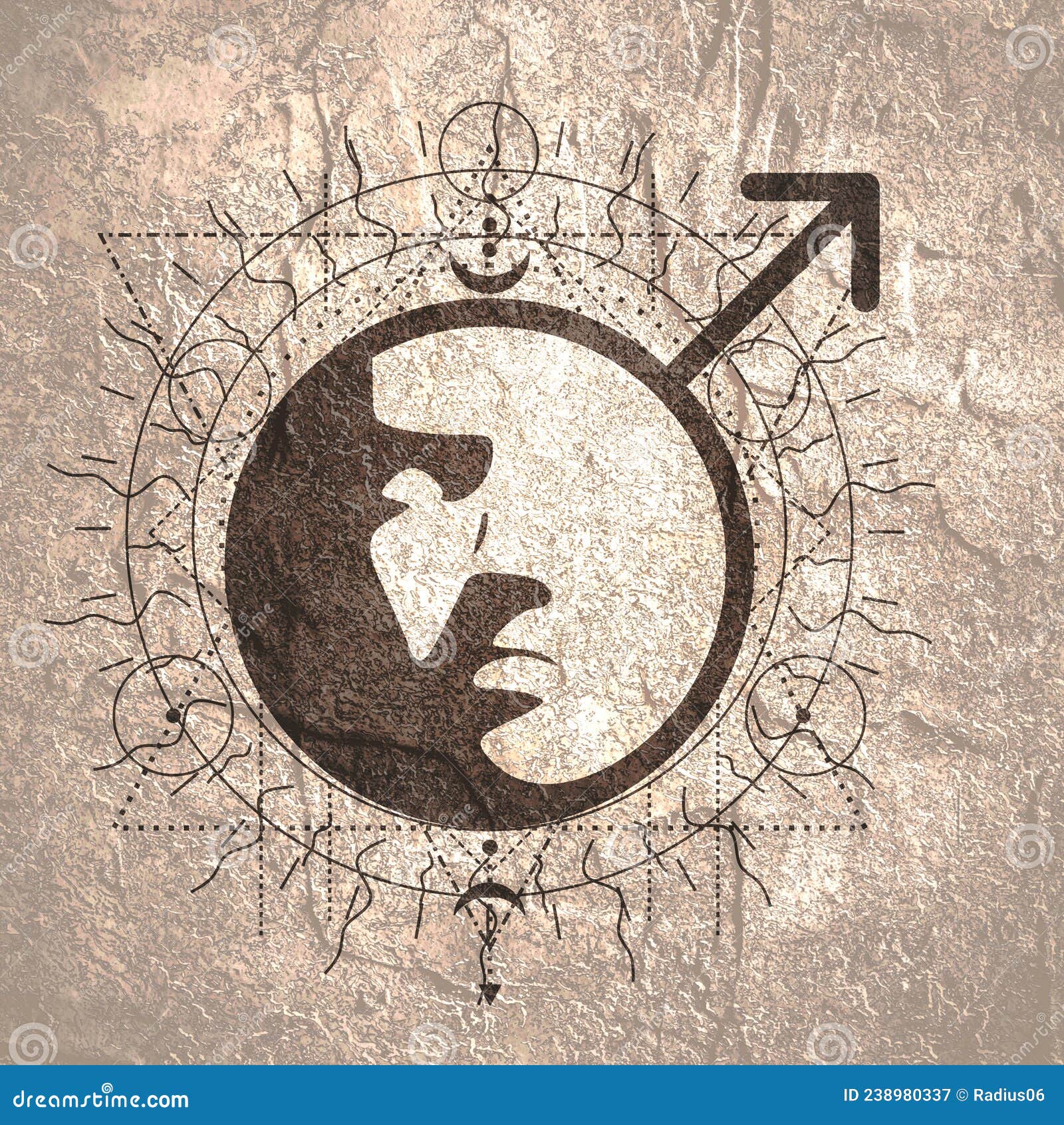 Zodiac and Astrology Symbol of the Mars Planet and Face of Man Stock ...