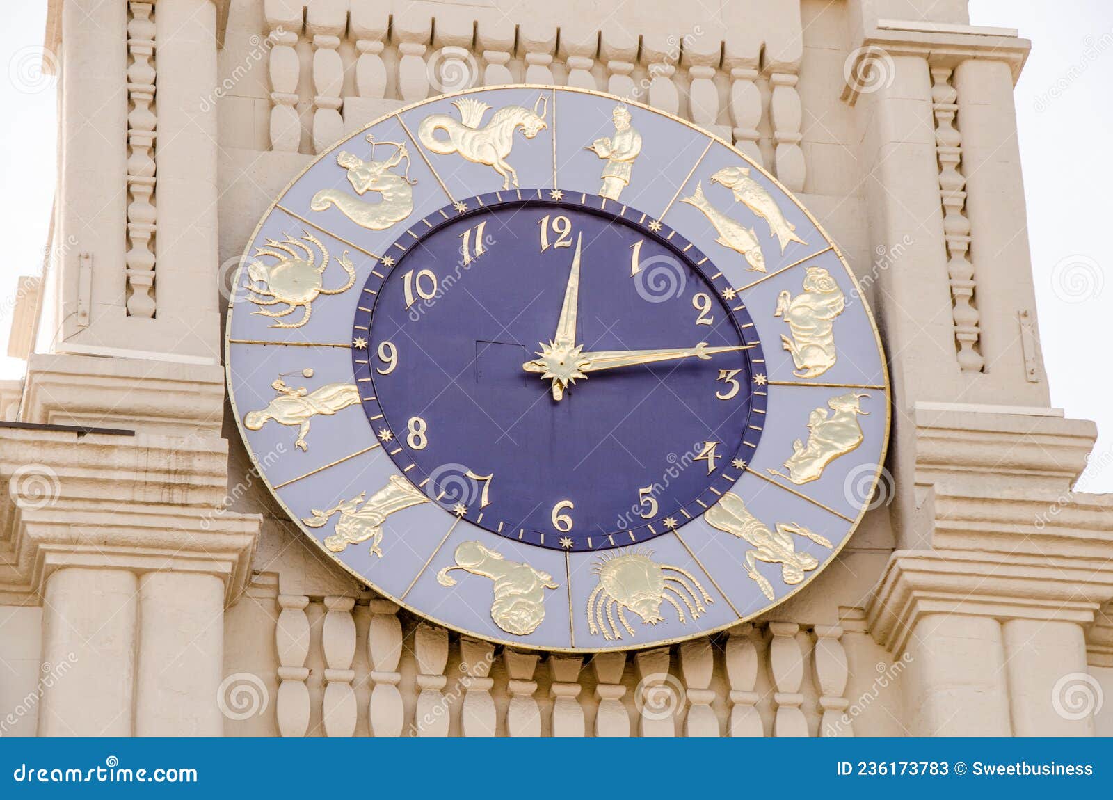 Zodiac clock on the tower stock image. Image of europe - 236173783