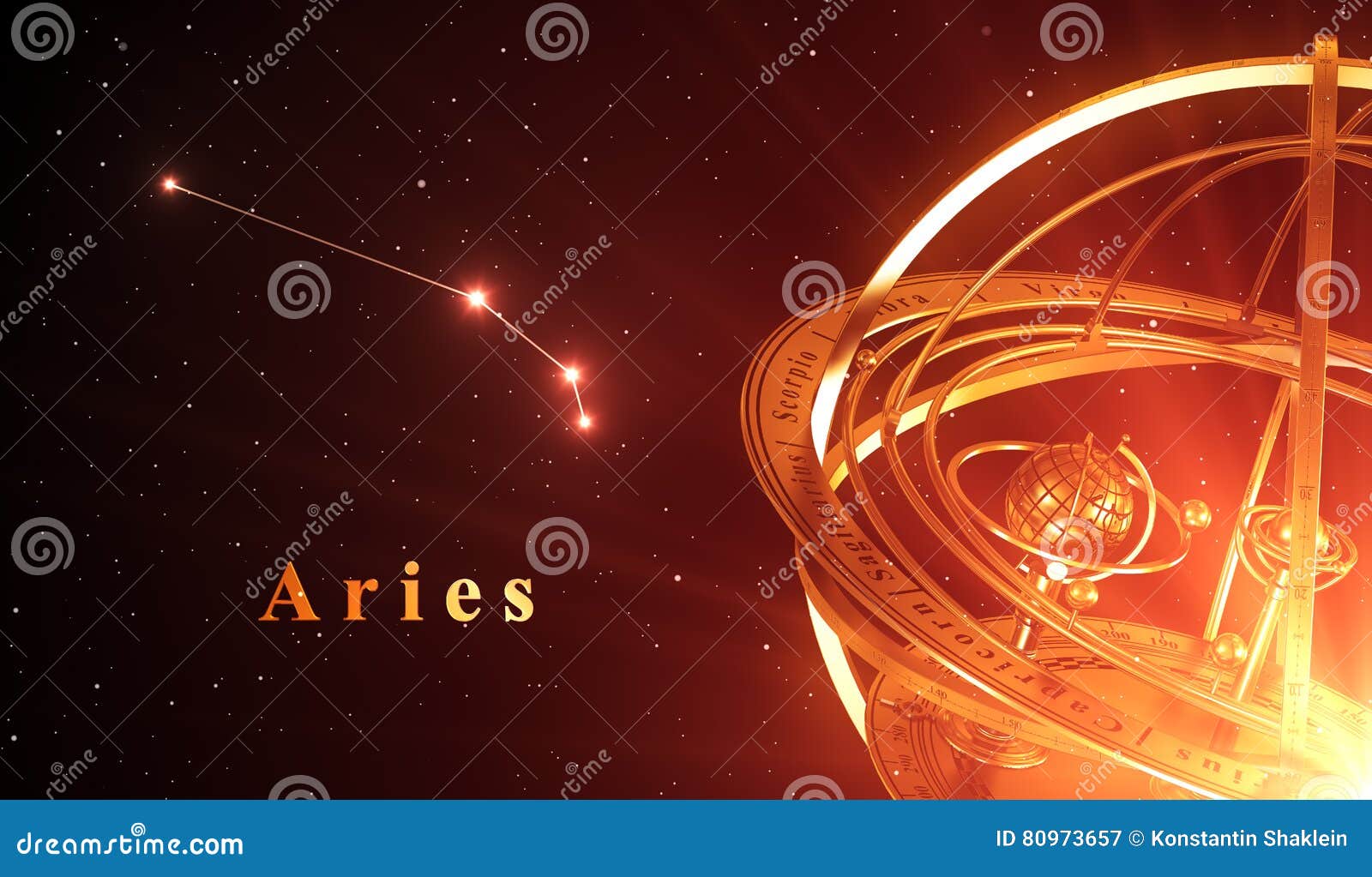 Zodiac Constellation Aries and Armillary Sphere Over Red Background ...