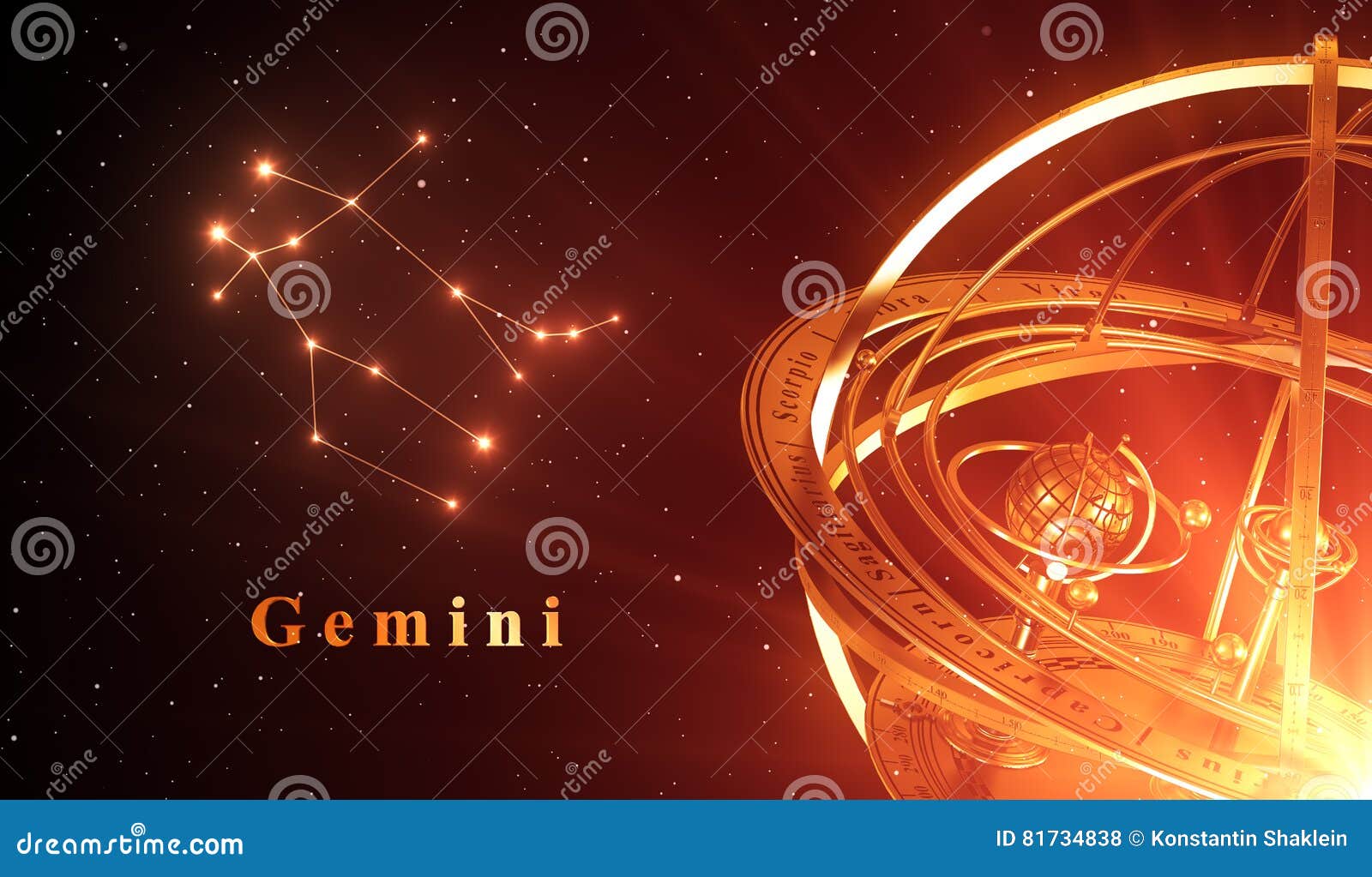 Zodiac Constellation Gemini and Armillary Sphere Over Red Background Stock Illustration ...
