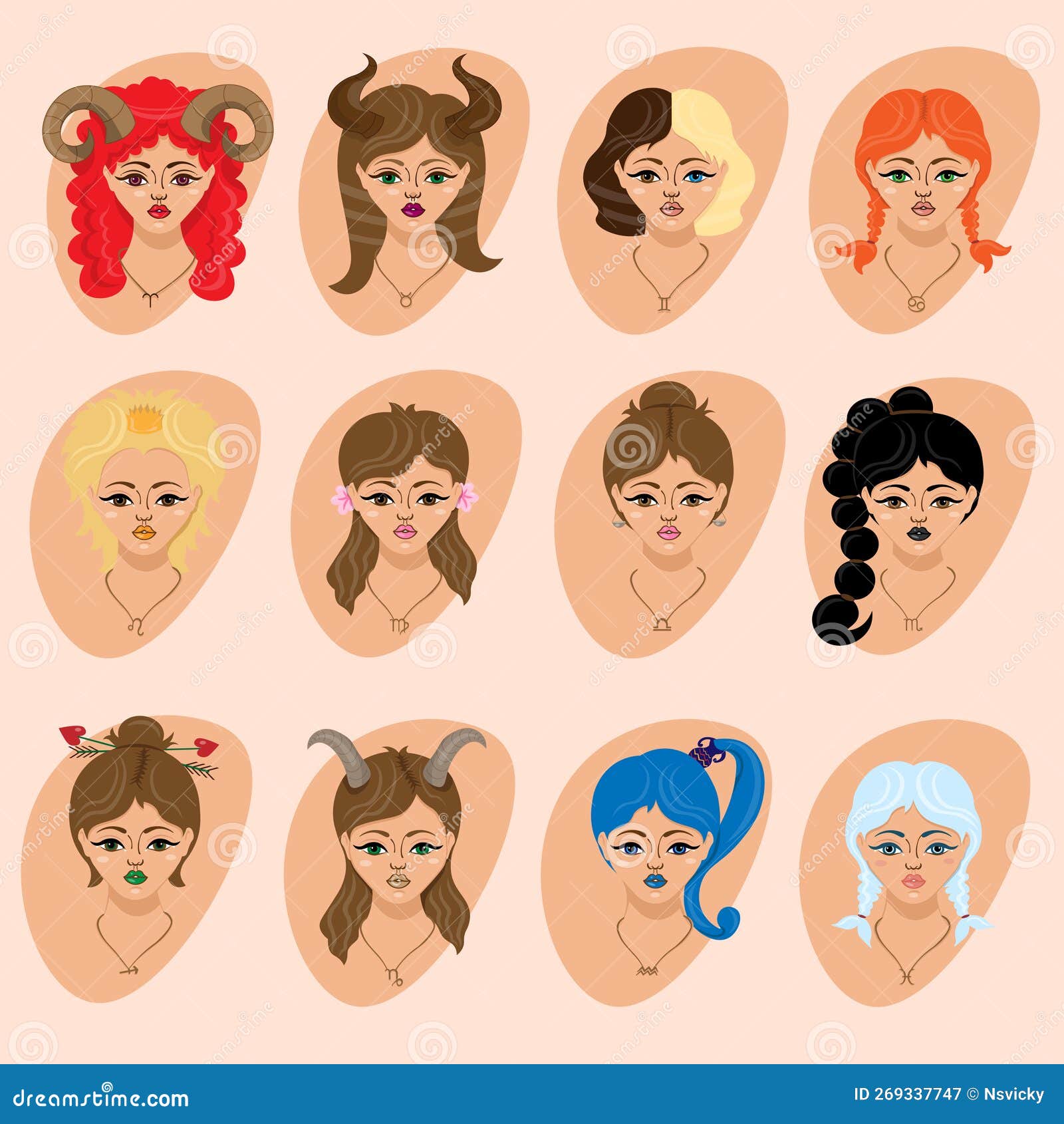 Zodiac Faces Represented As Woman. Astrology Sign Portraits. Stock ...