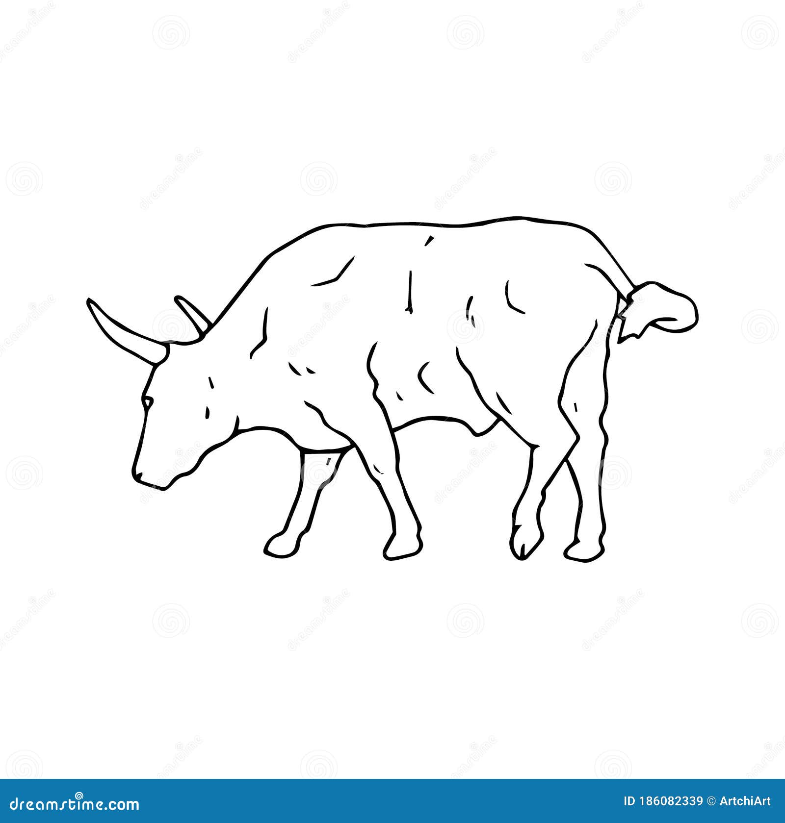 Bull with Horns Standing Turned Back and Eating, Outline Black and ...