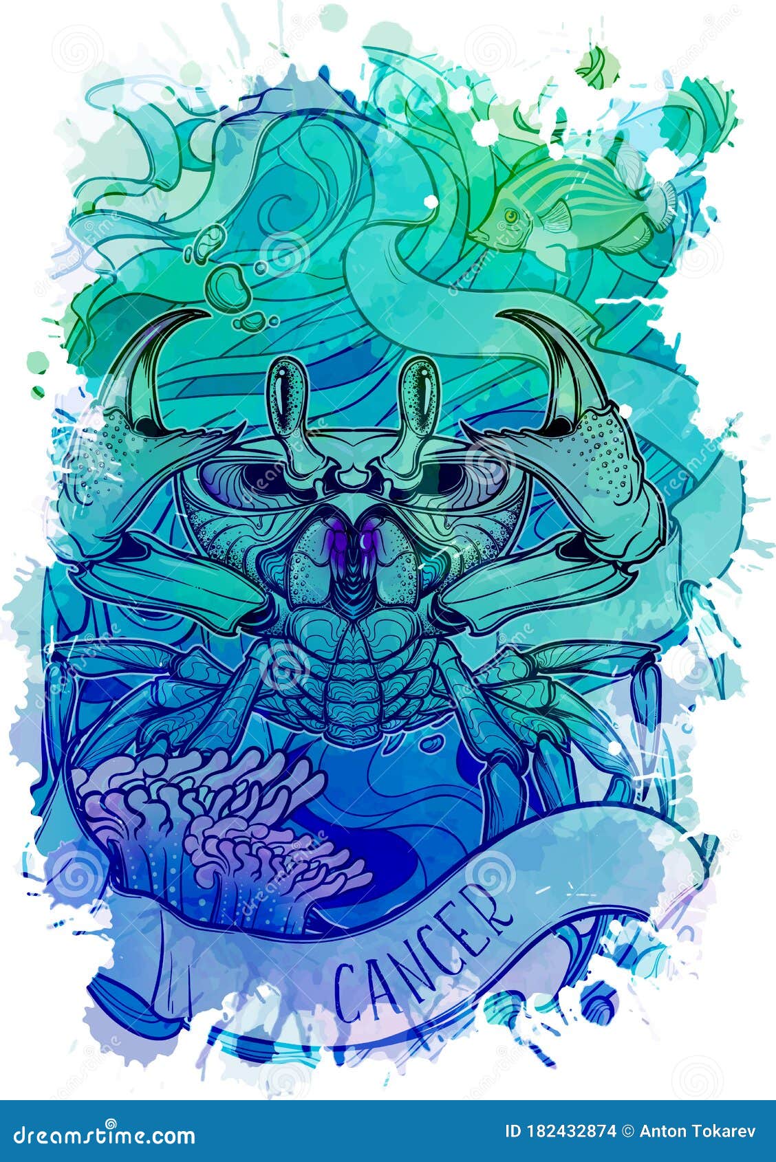 Zodiac Sign Of Cancer Element Of Water Intricate Linear Drawing On