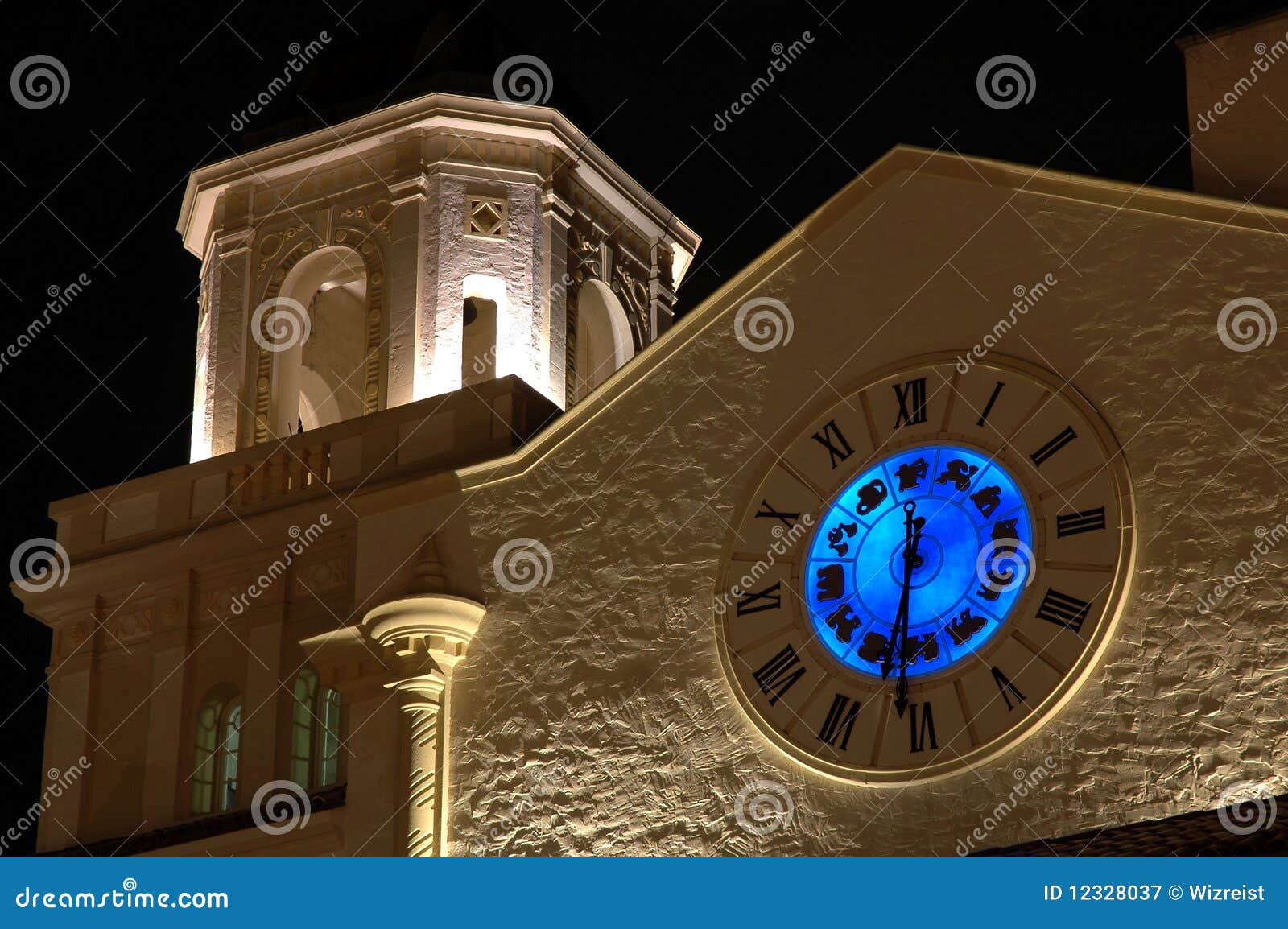 Zodiac Sign Clock Tower at Night Stock Image - Image of palm, tower ...