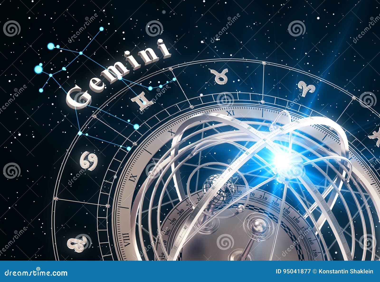 Zodiac Sign Gemini and Armillary Sphere on Black Background Stock ...