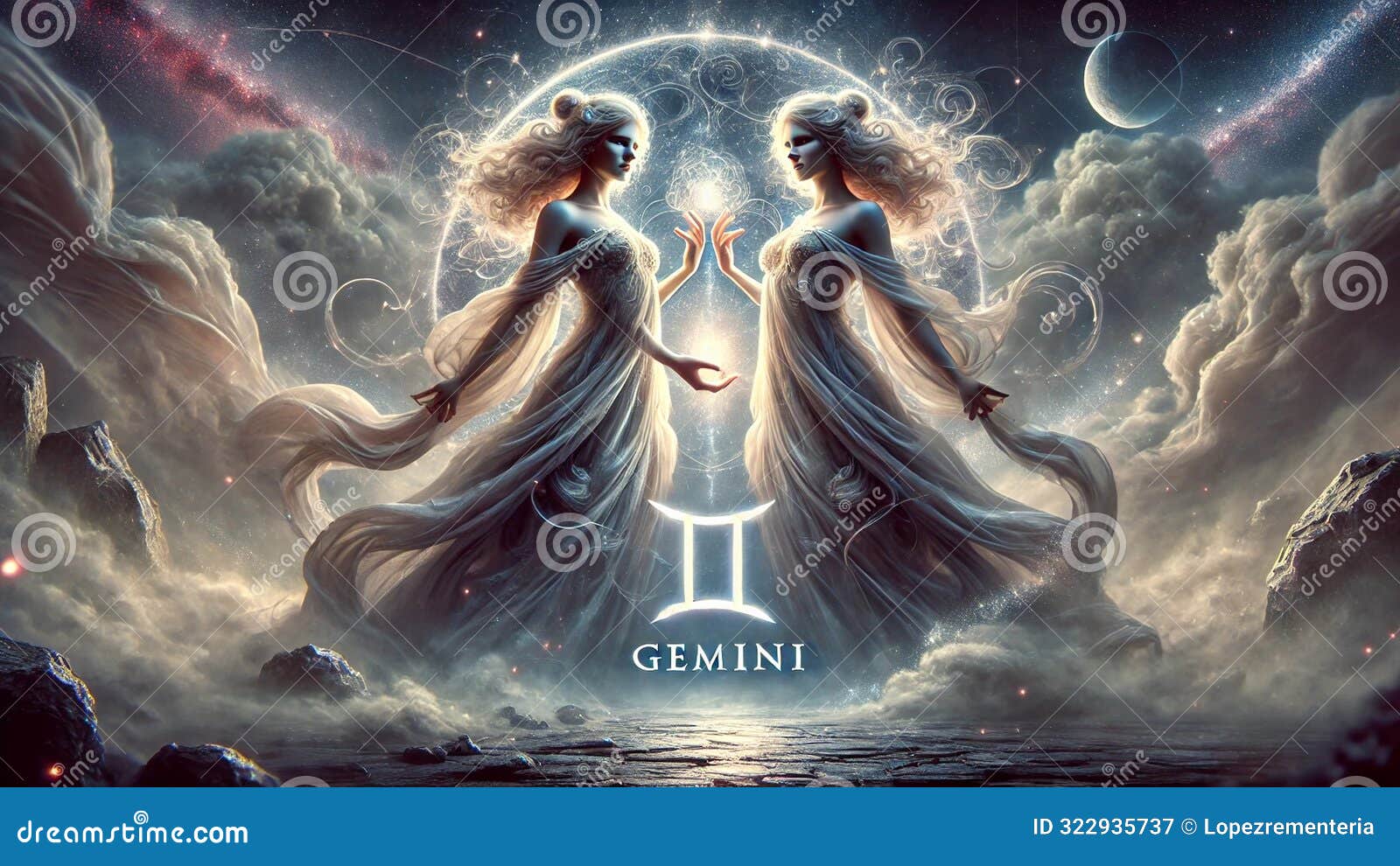 Zodiac Sign Gemini Twins Under Starry Night Sky Stock Illustration ...
