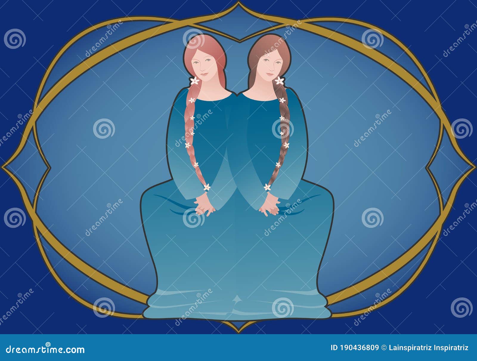 Zodiac Sign. Gemini. Two Beautiful Twins Inside in an Ornamental Frame ...