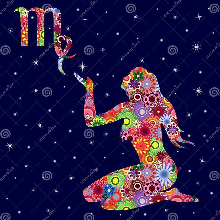 Zodiac Sign Virgo With Flowers Fill Over Starry Sky Stock Vector