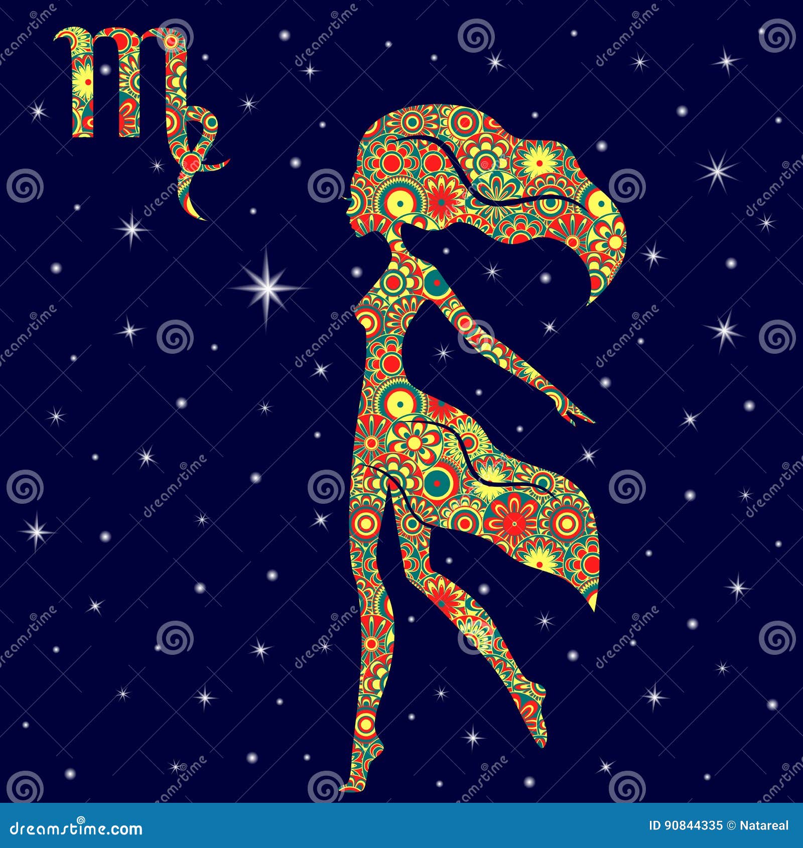 Zodiac Sign Virgo With Variegated Flowers Fill Over Starry Sky Stock