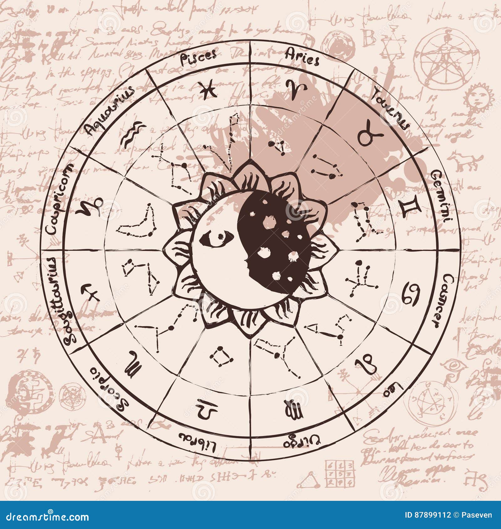 Zodiac With The Sun, Moon And Constellations Vector Illustration ...