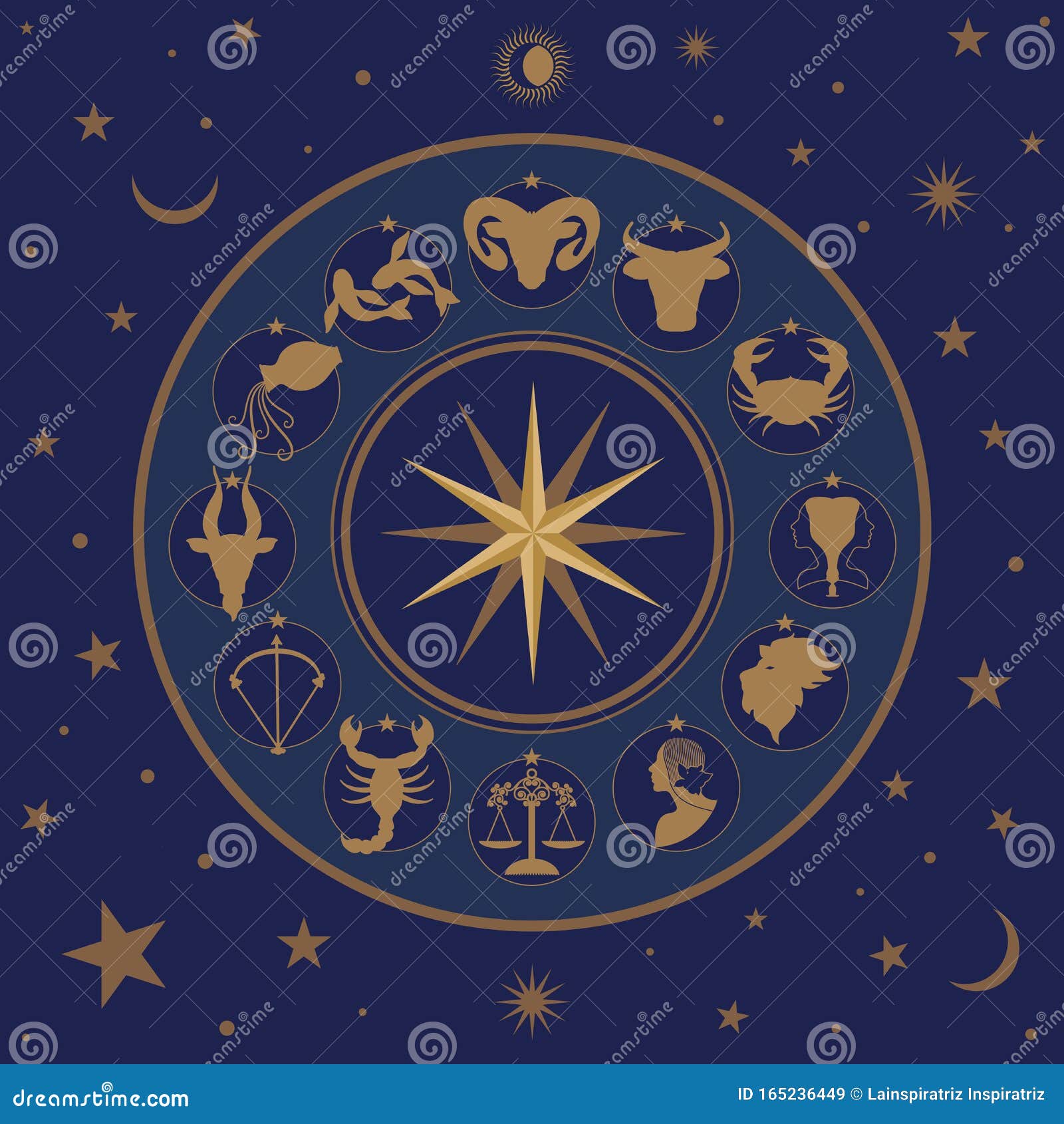 Zodiac Wheel on Starry Sky, Sun, Moon and Stars Stock Illustration ...