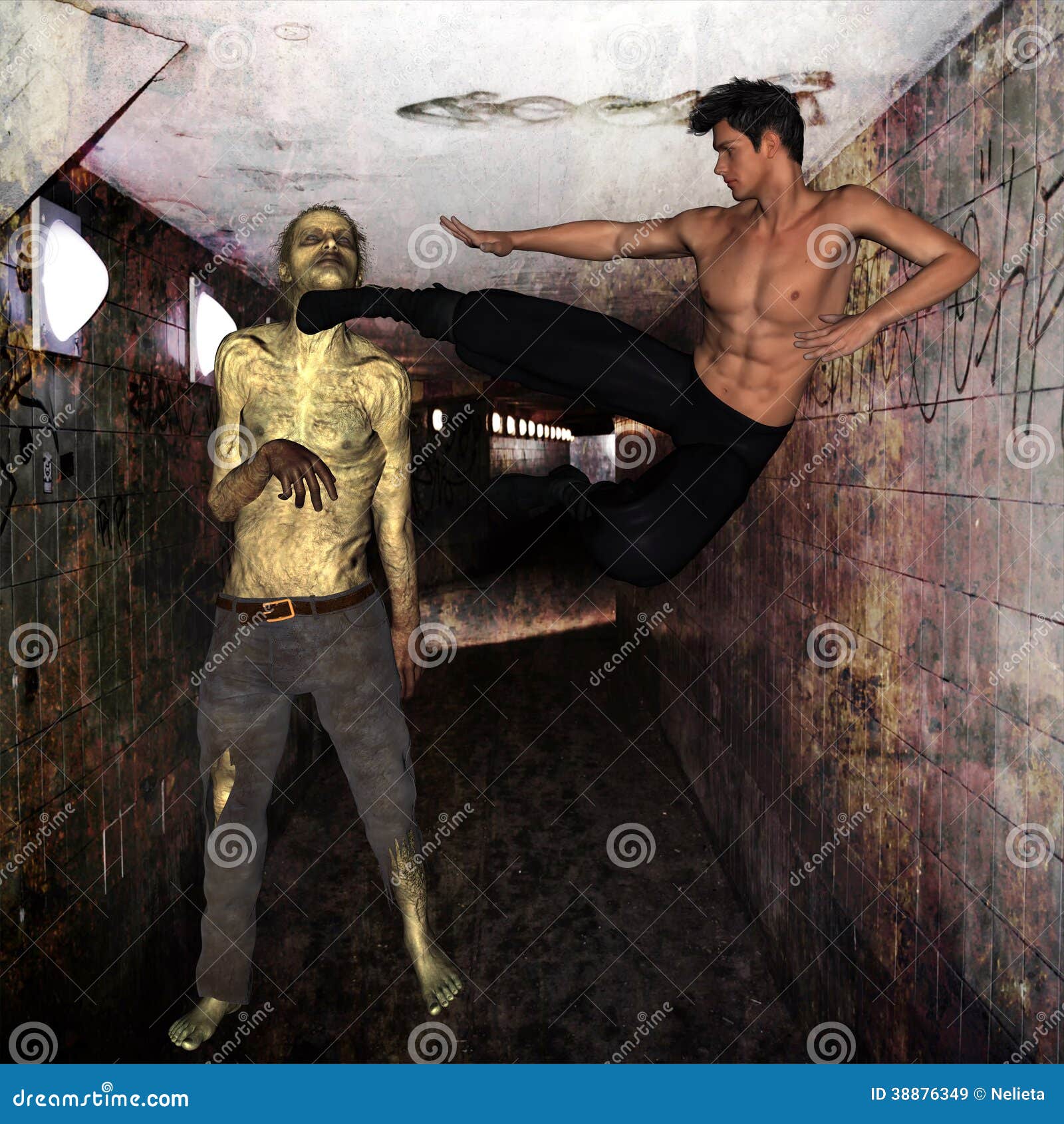 Zombie attack in tunnel stock illustration. Illustration of defense ...