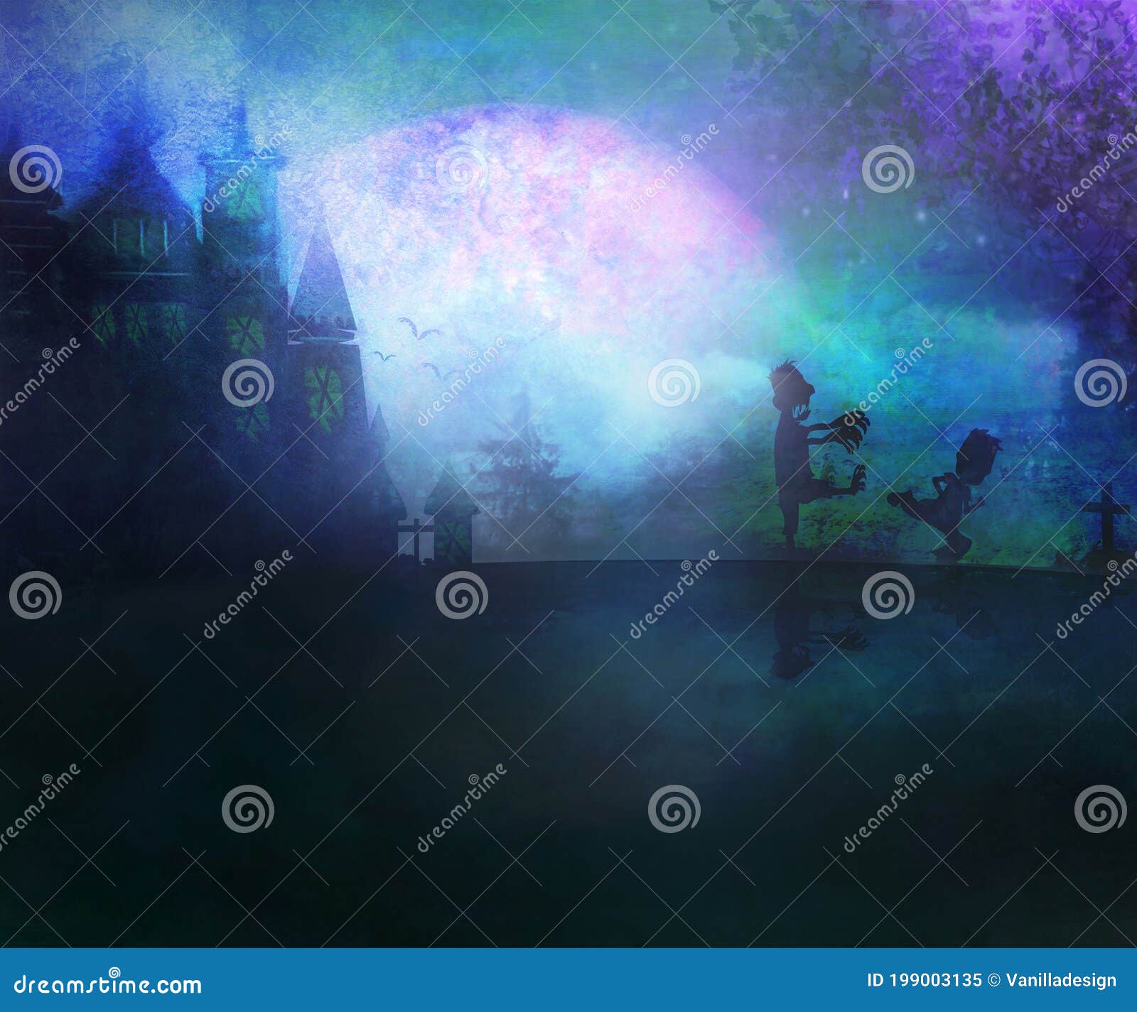 Zombie Attacks at Night during the Full Moon Stock Illustration ...