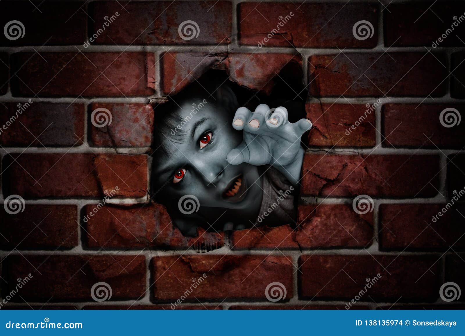 Zombie Boy Peeking Out of a Hole in a Wall Stock Photo - Image of evil ...