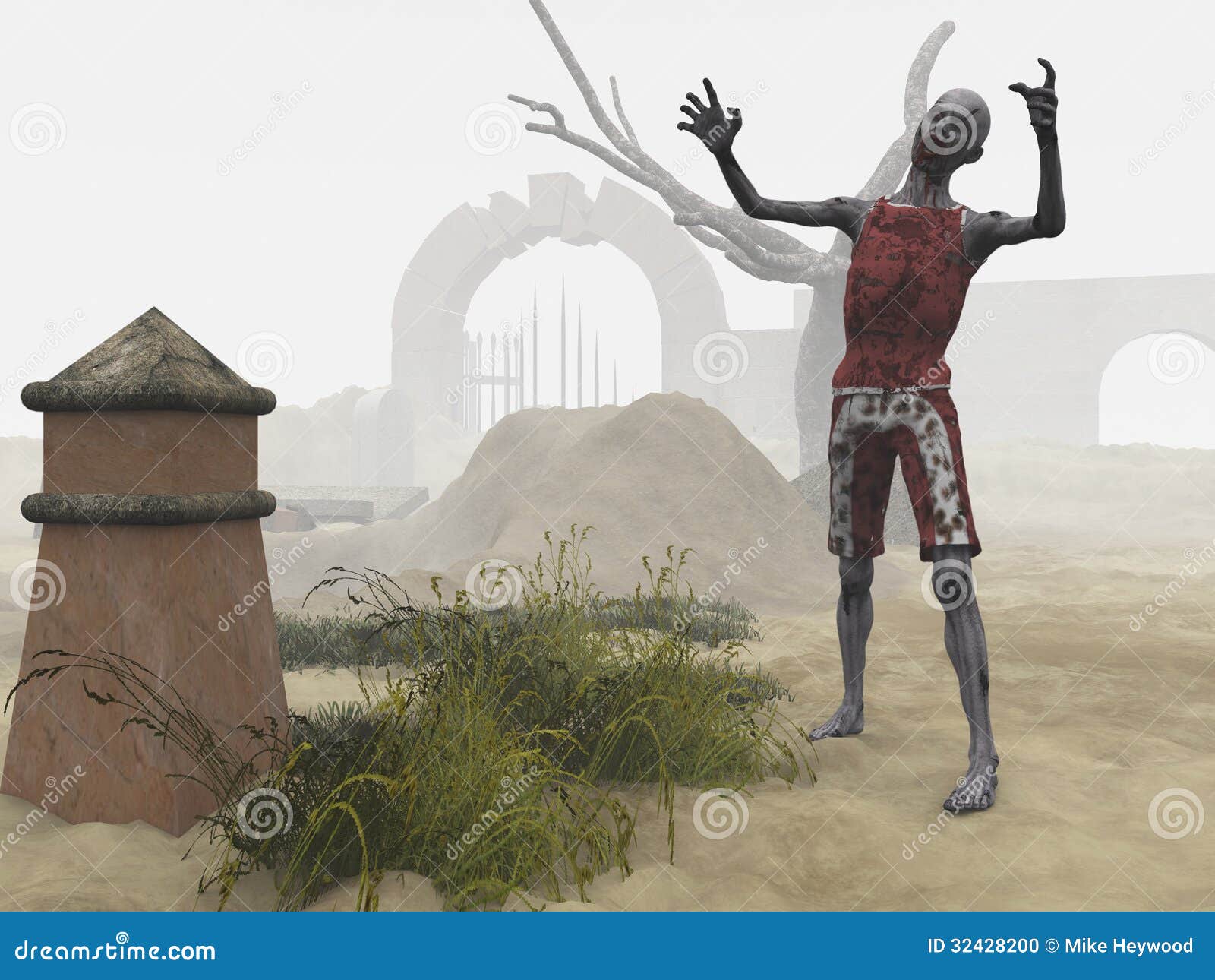 Zombie in cemetery stock illustration. Illustration of mist - 32428200