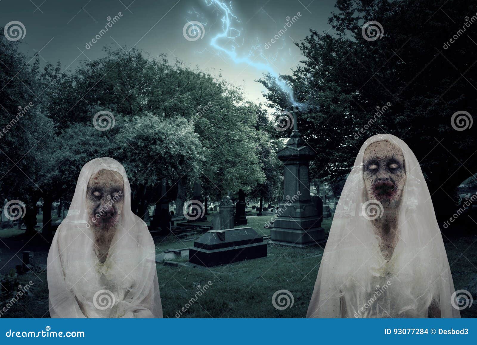 Zombie Graveyard Ghosts with Lightening Stock Illustration ...