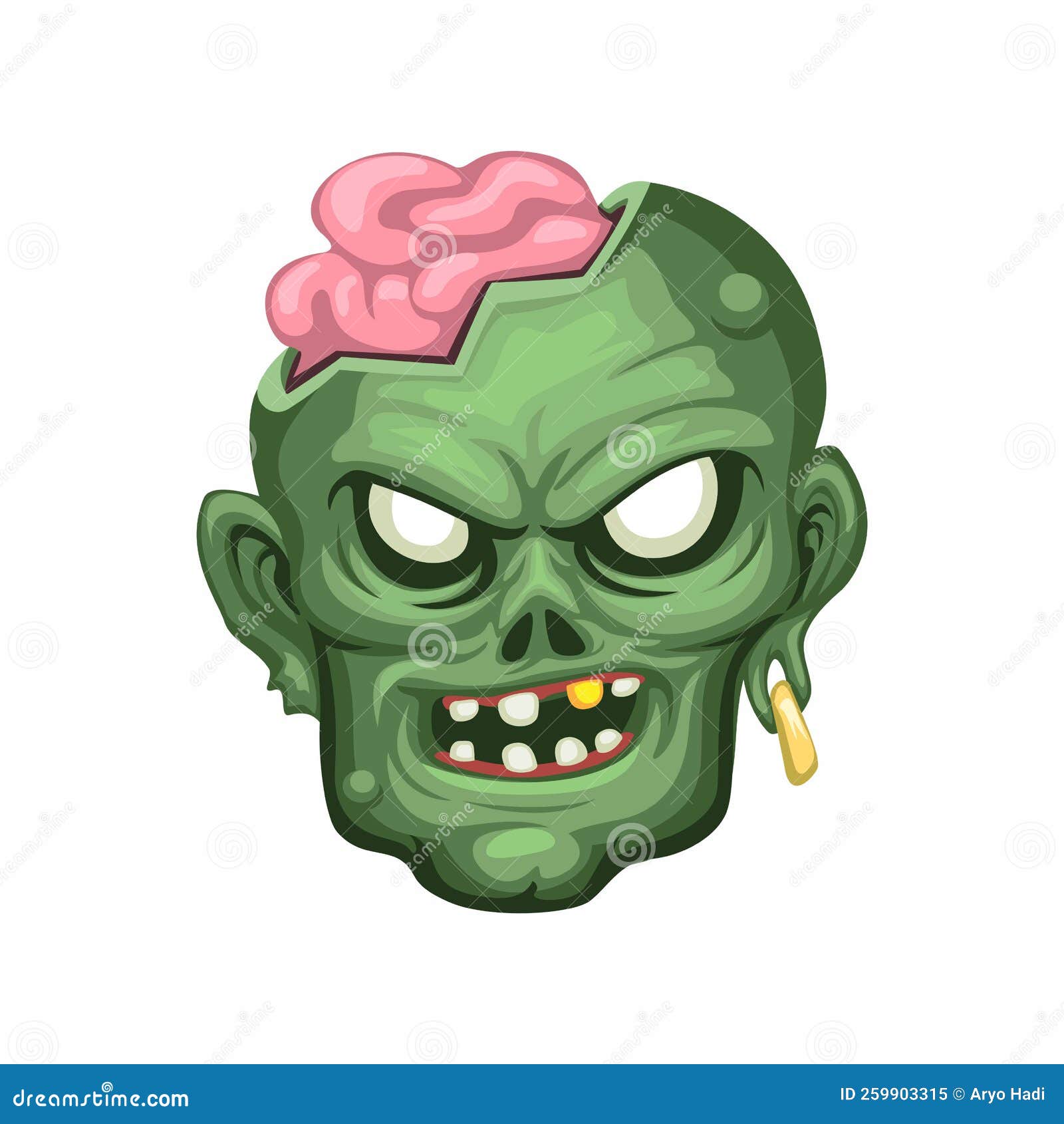 Zombie Head with Brain Outside Cartoon Charcter Illustration Vector ...