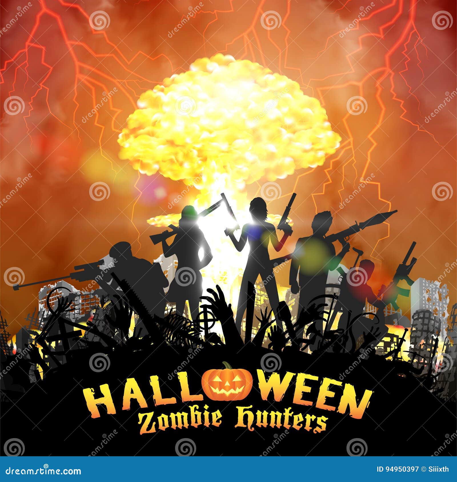 Zombie Hunter Group with Nuclear Bomb Background Stock Vector ...
