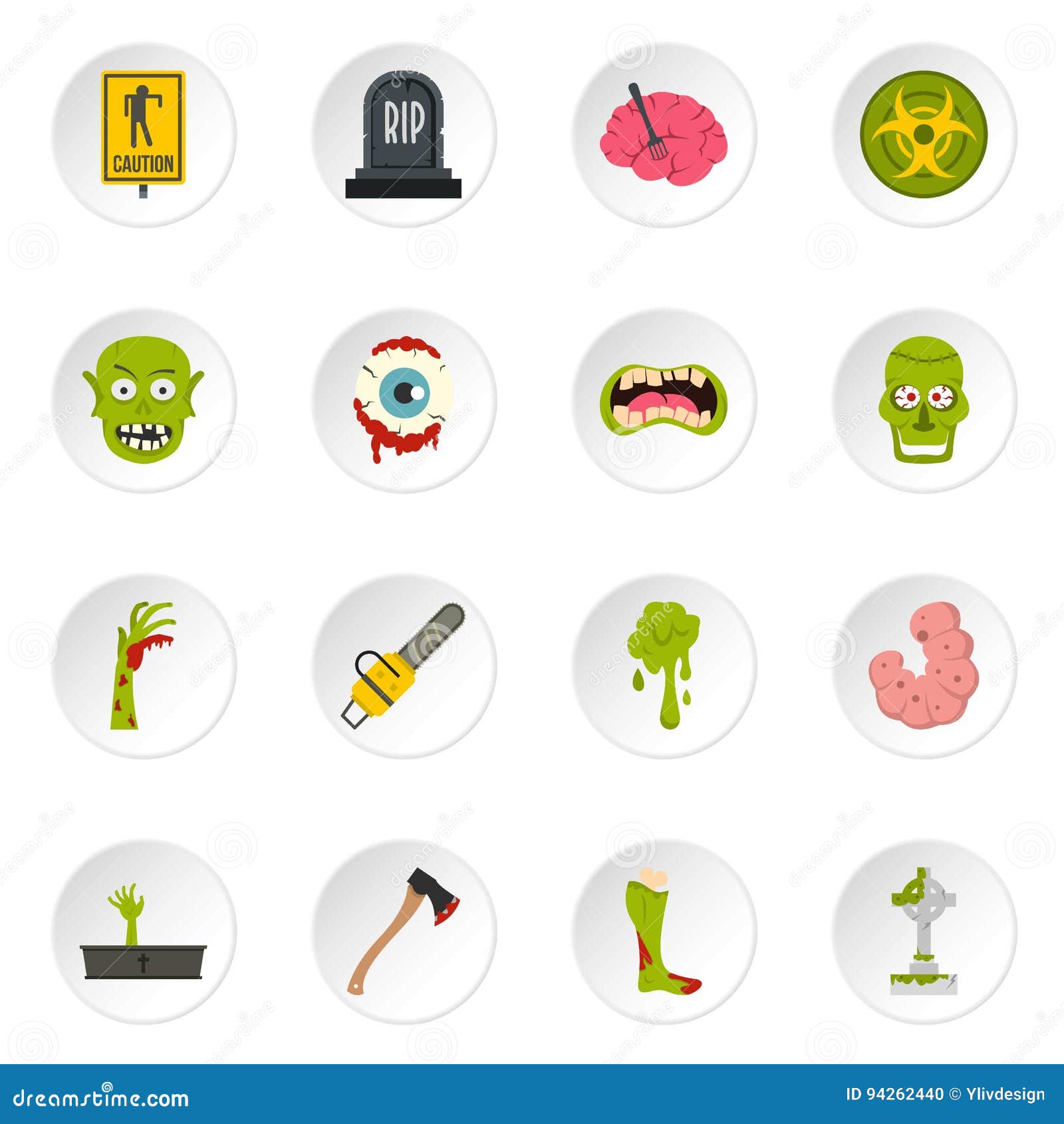 Zombie Icons Set in Flat Style Stock Vector - Illustration of eyes ...