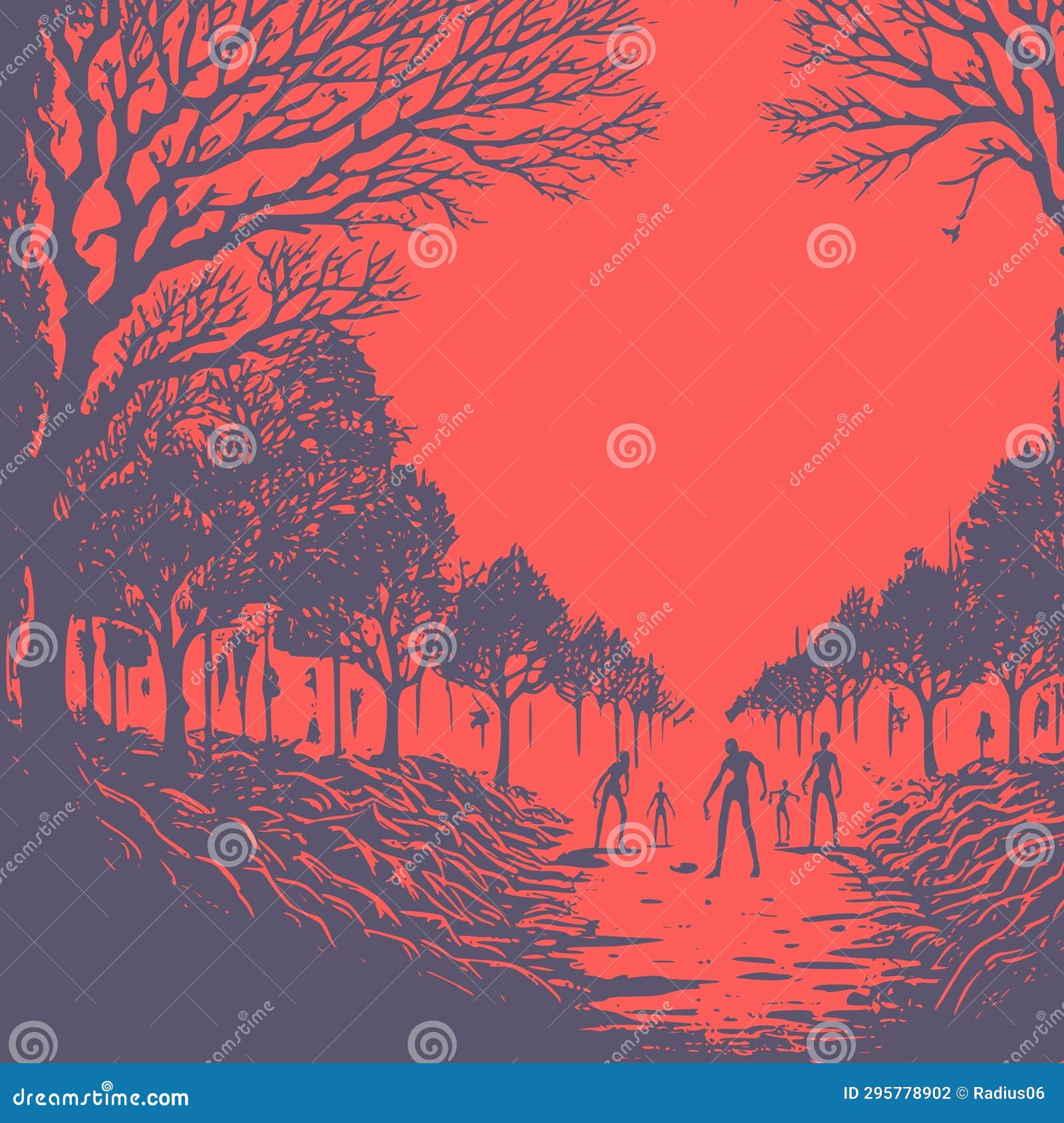 Group of Walking Scary Monsters at Night. Forest Path. Stock Vector ...