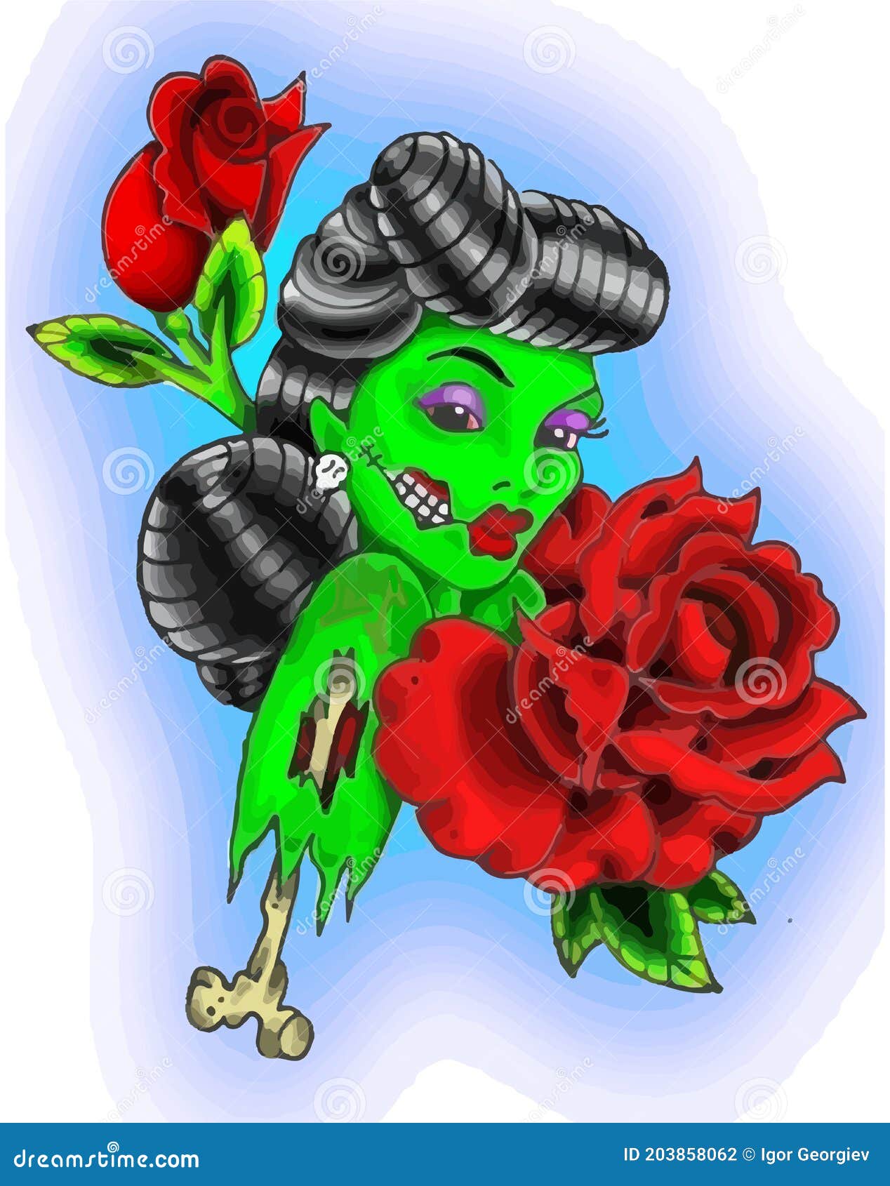 Zombiena Pin Up Rose Tattoo. Vector Set Illustration Template Tattoo ...