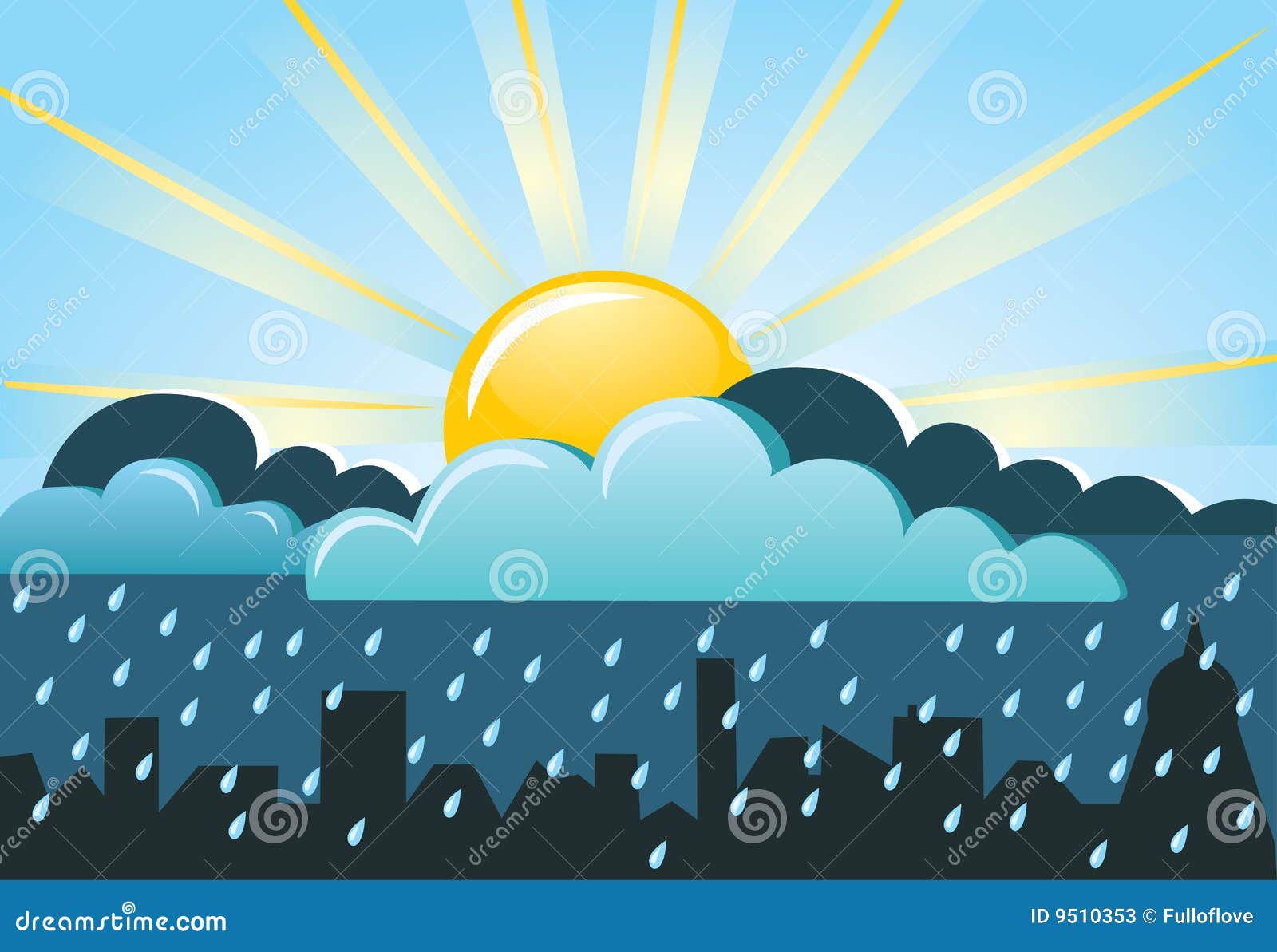 Zon en Regen in de Stad vector illustratie. Illustration of wolkenkraam ...
