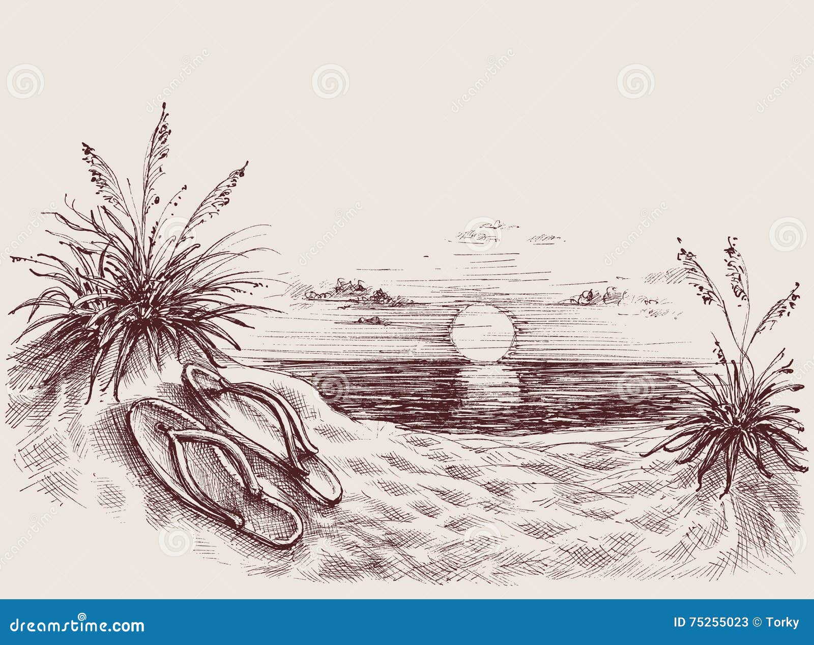 Zonsondergang Lijntekening Zomer Reizen Strand Palm Huis Zonsondergang