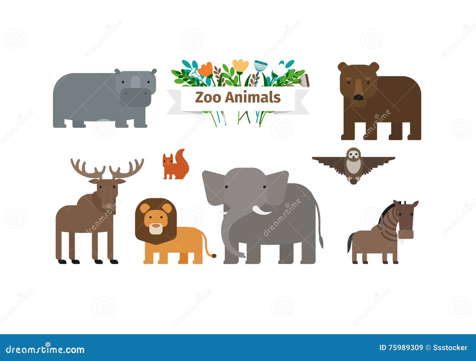 Zoo Animals Flat Icons Set stock vector. Illustration of creatures ...