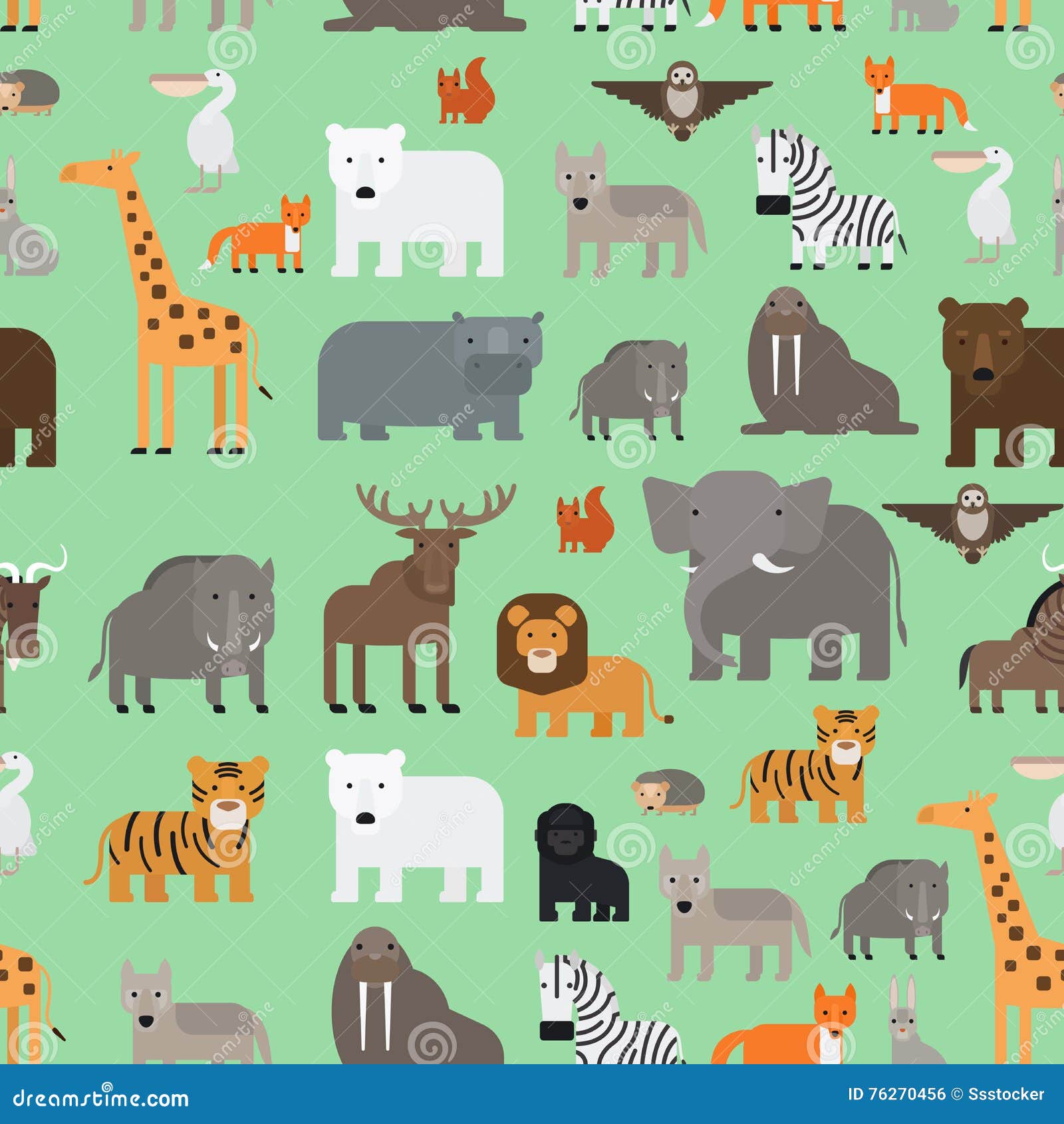 Zoo Animals Flat Style Seamless Pattern Stock Vector - Illustration of ...