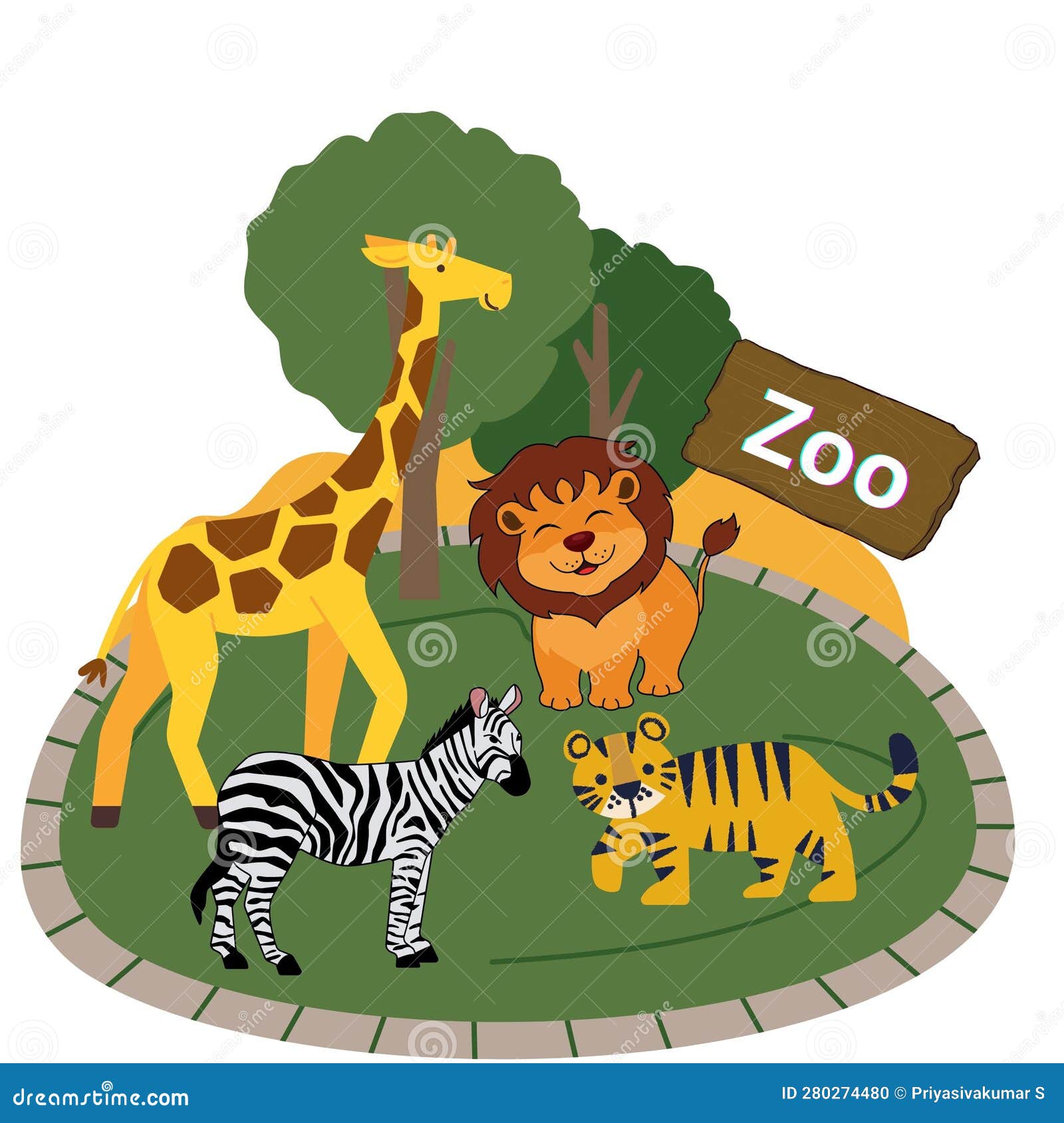 ZOO with Different Animals Under a Tree, Zoo, Printable - 1 Stock ...