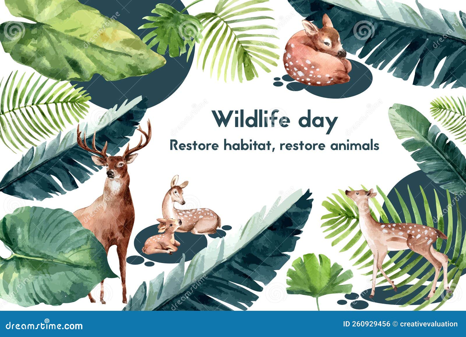 Zoo Frame Design with Deer, Leaves Watercolor Illustration Stock ...