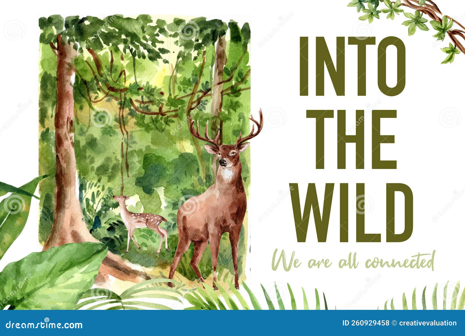 Zoo Frame Design with Tree, Deer Watercolor Illustration Stock ...