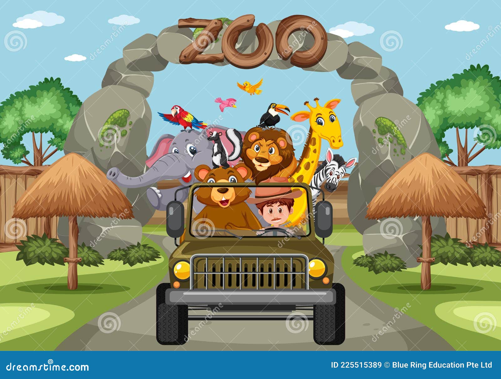 Zoo Scene with Happy Animals in the Car Stock Vector - Illustration of ...