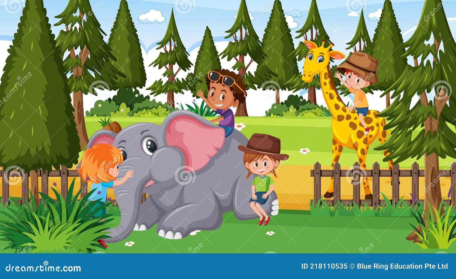 Zoo Scene with Many Kids Playing with Zoo Animals Stock Vector ...