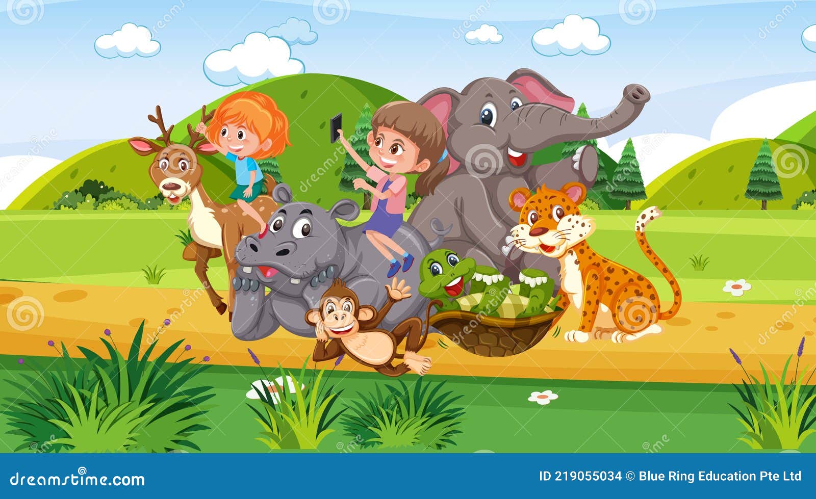 Zoo Scene with Many Kids Playing with Zoo Animals Stock Vector ...