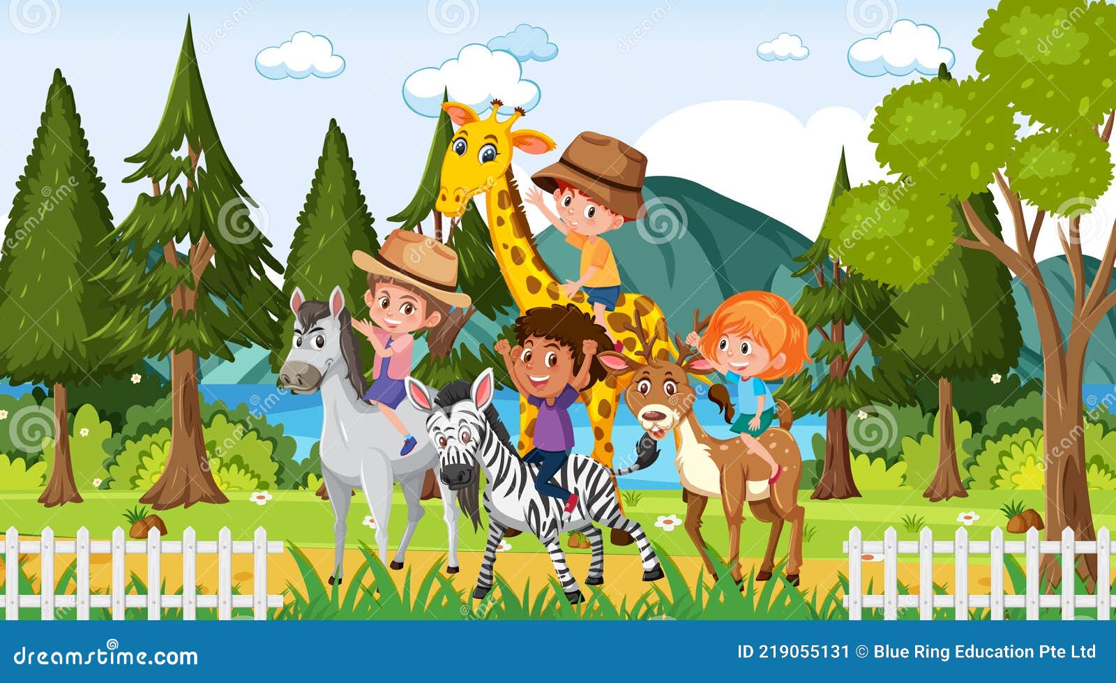 Zoo Scene with Many Kids Playing with Zoo Animals Stock Vector ...