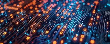 Zoom in Detail of Binary Code on a Microchip Surface, a Metaphor for the Foundation of Digital ...