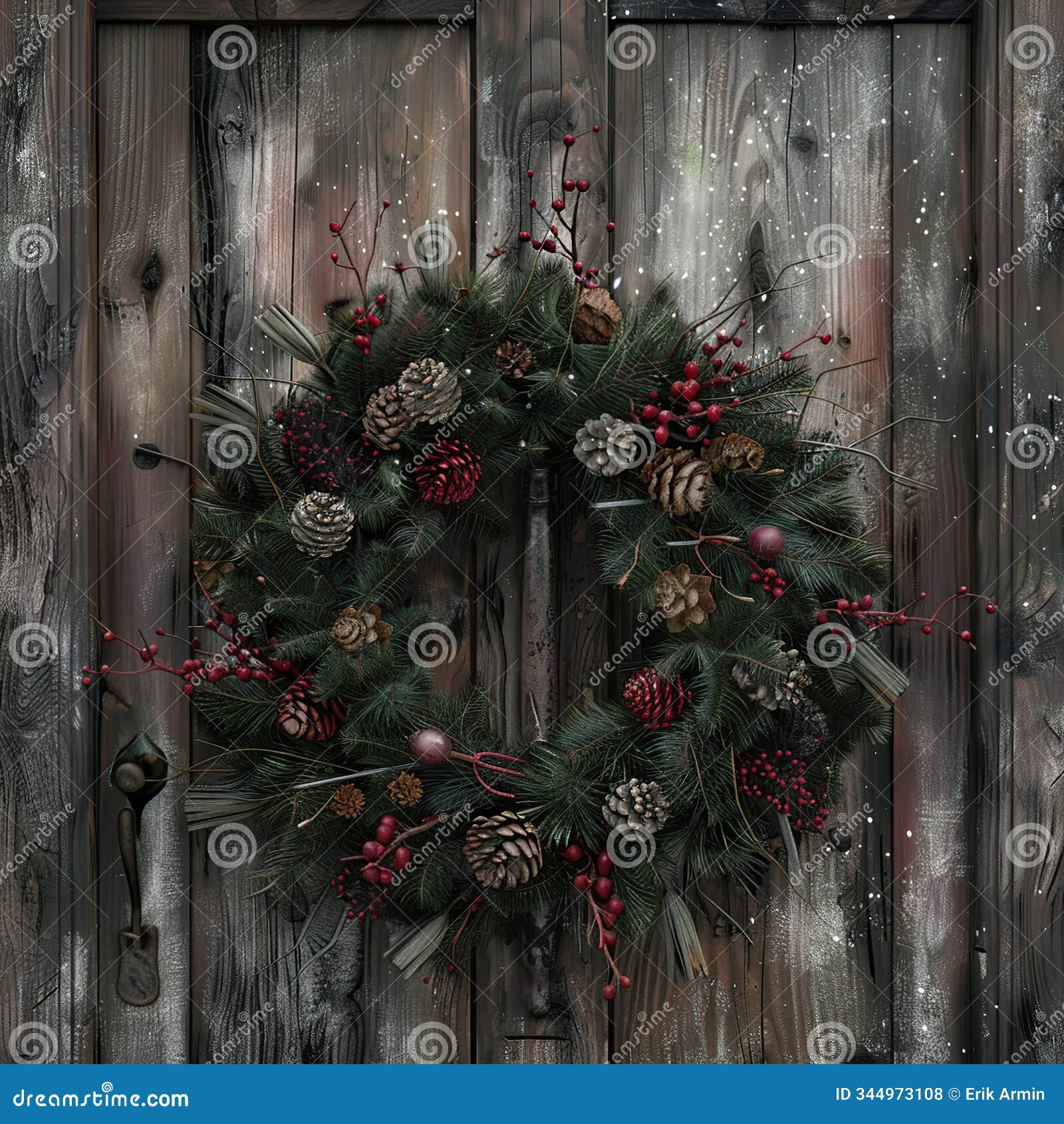 Zoom in on a Winter Solstice Wreath on a Rustic Door Stock Illustration ...